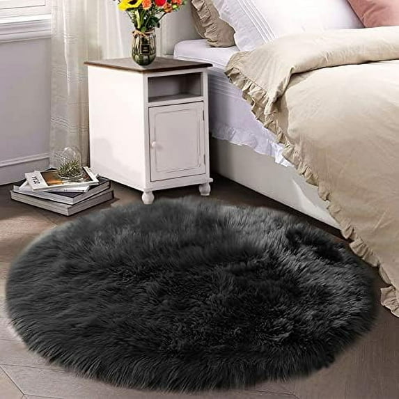Black Furry Rugs for Bedroom Circle Faux Sheepskin Fur Rug Fluffy Round ...