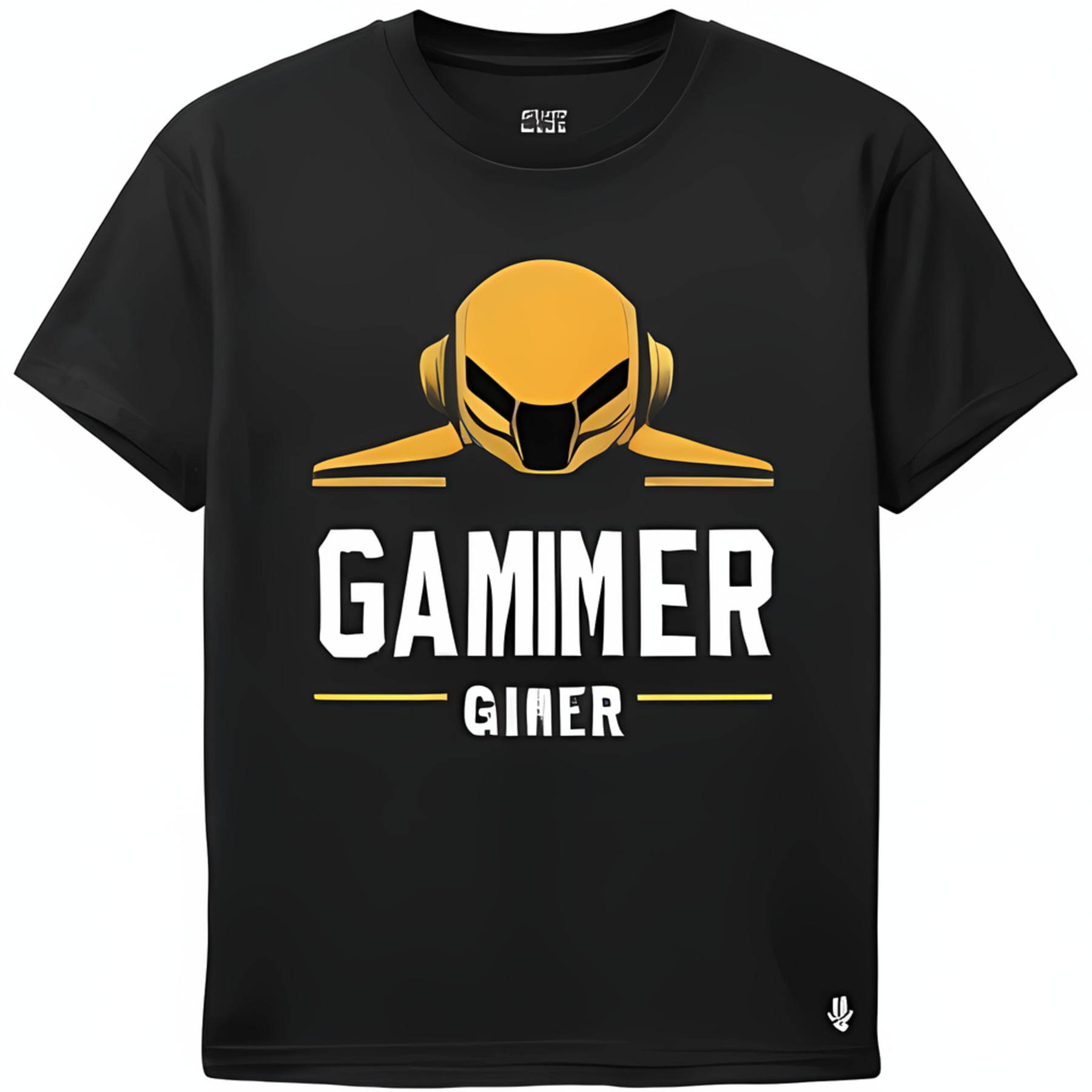 Black Gammer T Shirt With Abstract Character Head Logo And Headphones Design