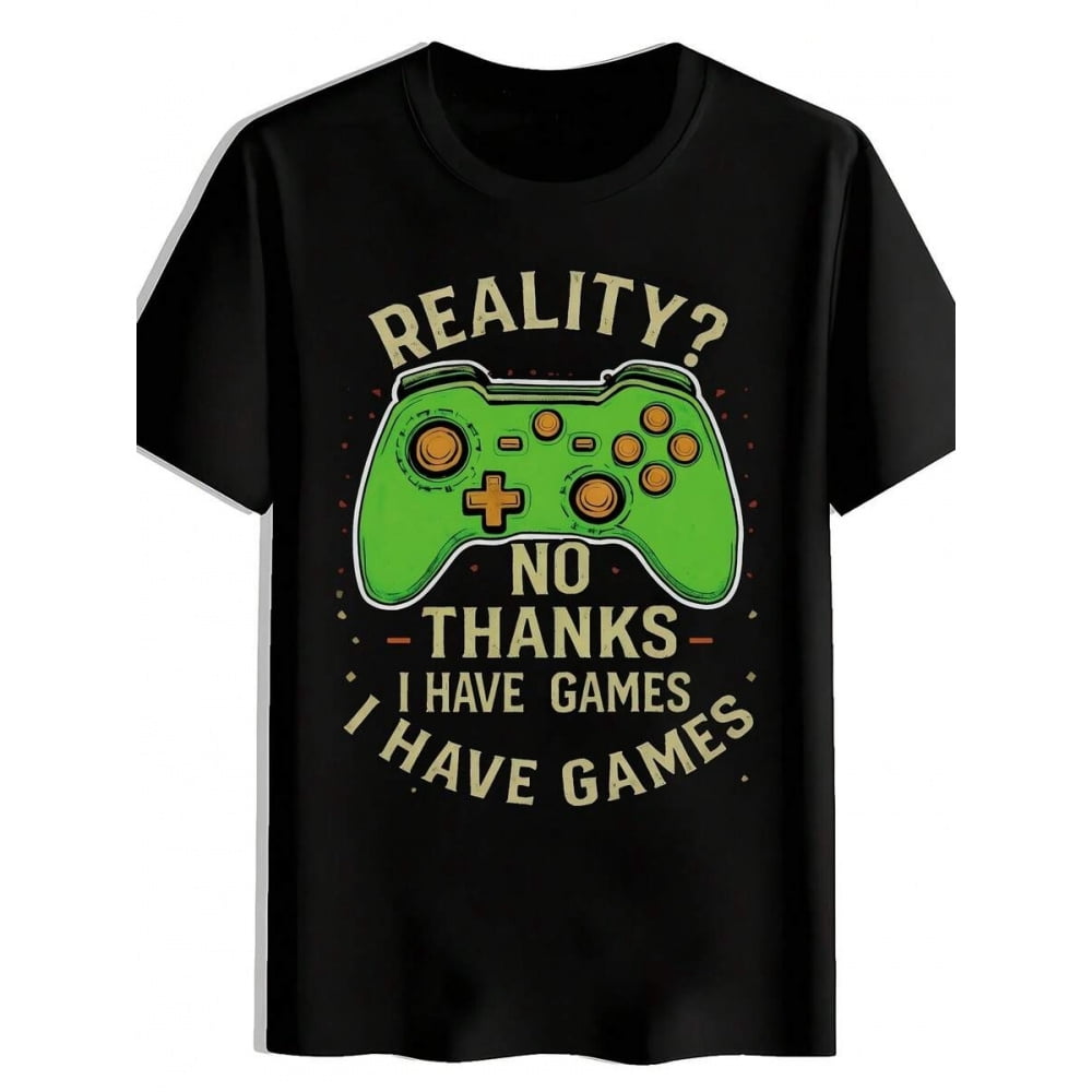 Black Game Controller Graphic T-Shirt, Round Neck Short Sleeve, Casual ...