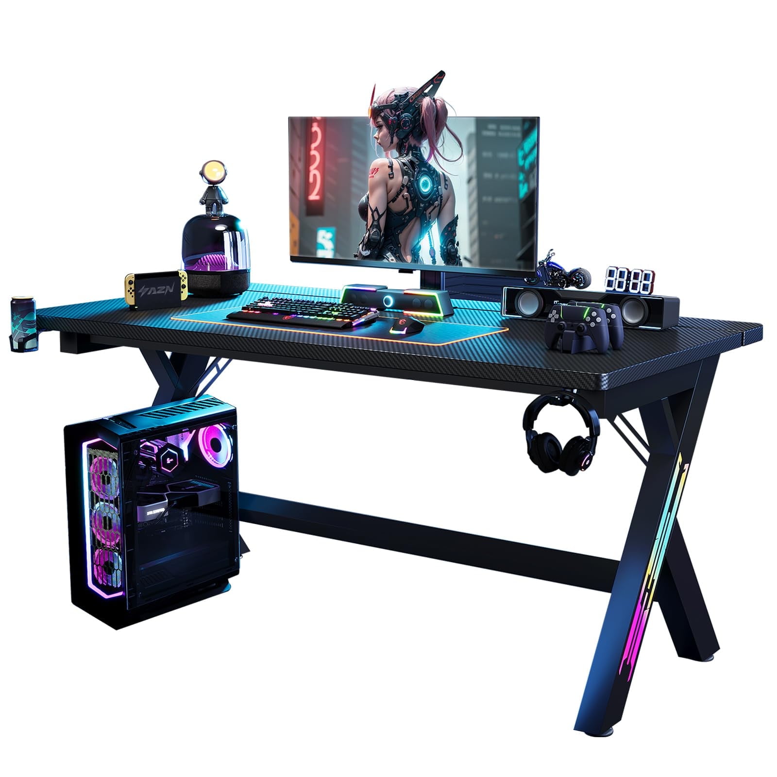 63In Gaming Desk Computer Desk with LED Lights, Sturdy Small Desk for ...