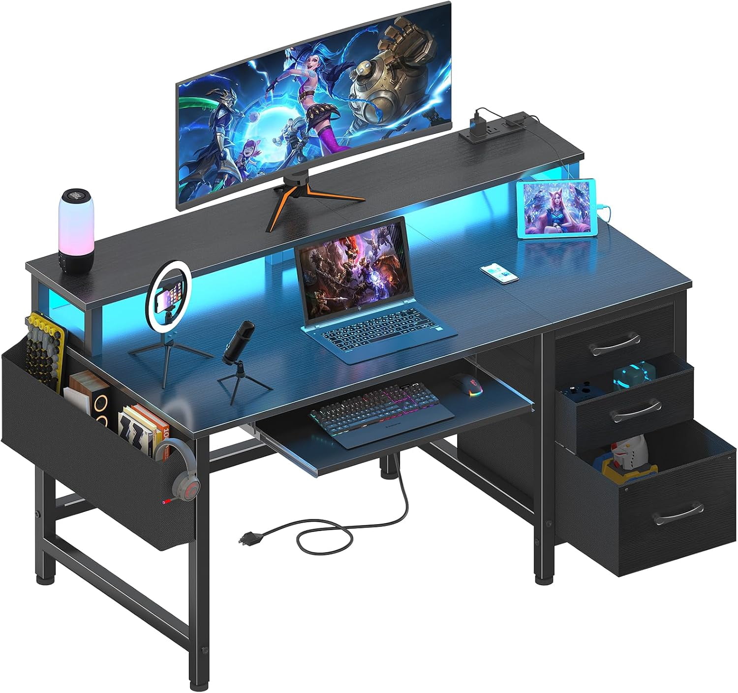 Black Gaming Desk with Fabric Drawers - 47 Inch Black Office Desk with ...