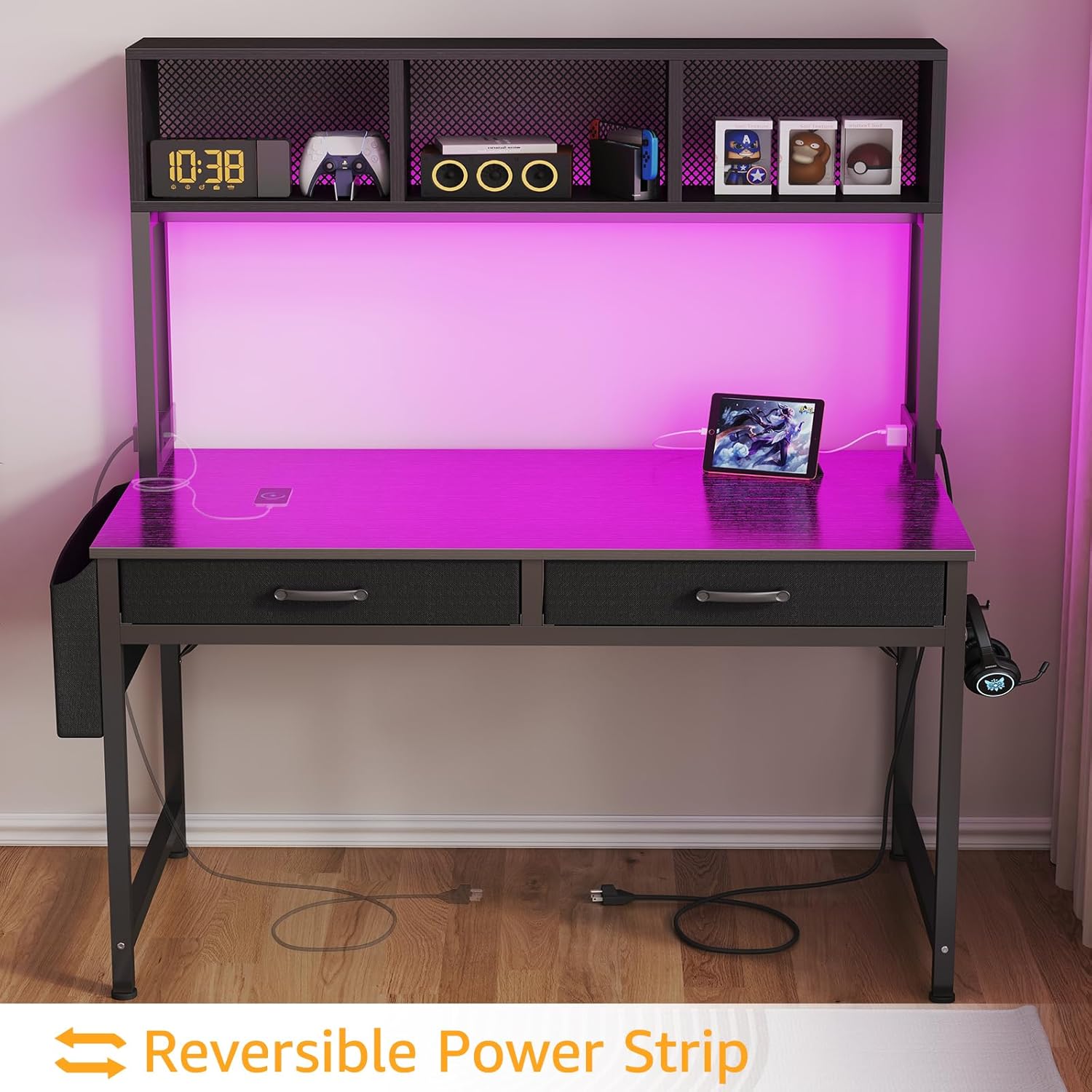 Black Gaming Desk with Hutch and Shelves - Gaming Computer Desk with 2 ...