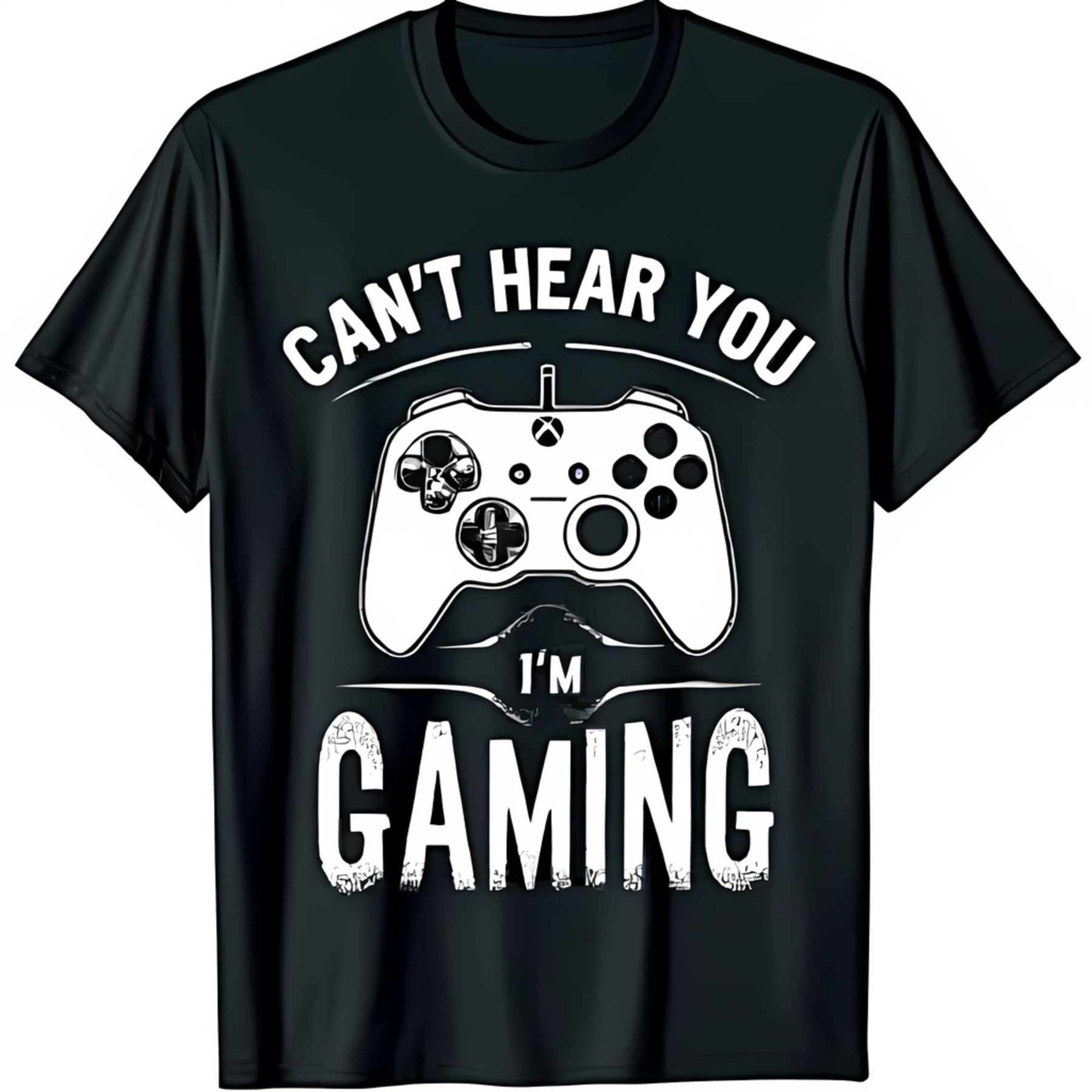 Black Gaming T-Shirt with Bold White Controller Graphic & 'Can't Hear ...