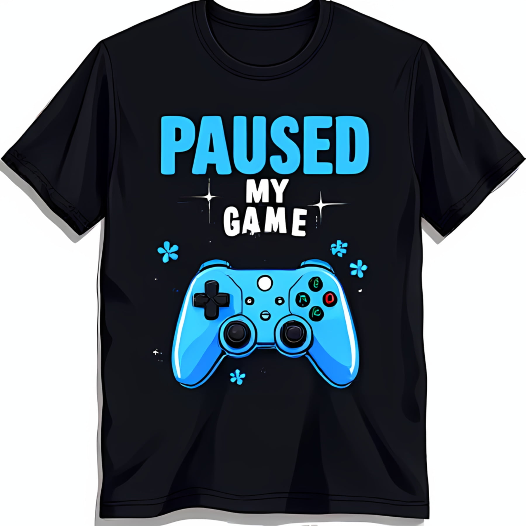 Black Gaming T-Shirt with Light Blue Game Controller & 'Paused My Game ...