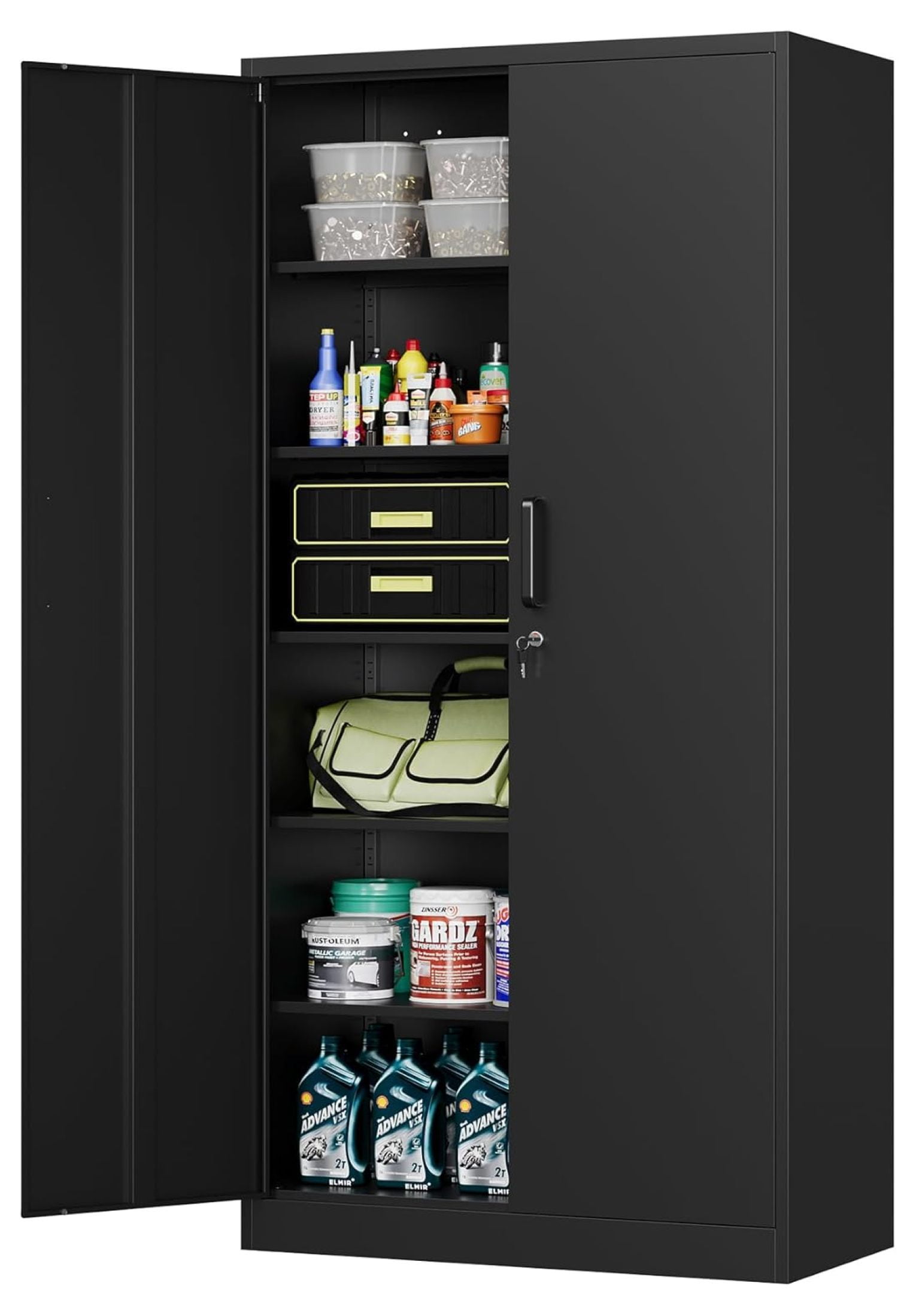 Black Garage Storage Cabinet with Doors and 5 Shelves, 72" Tall Steel ...