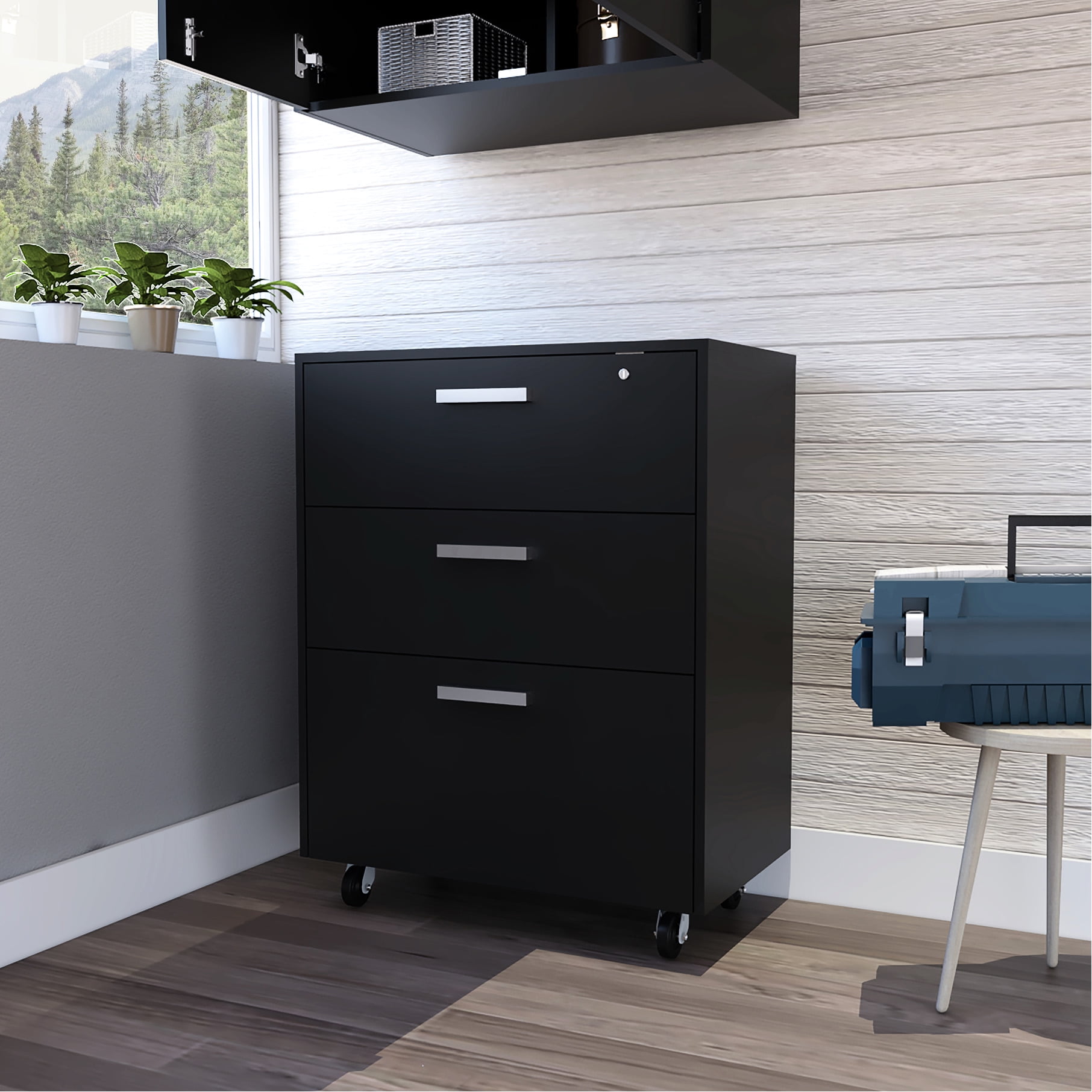 Black Garage Storage Three Drawer Base Cabinet With Lock And Caster, 81 ...