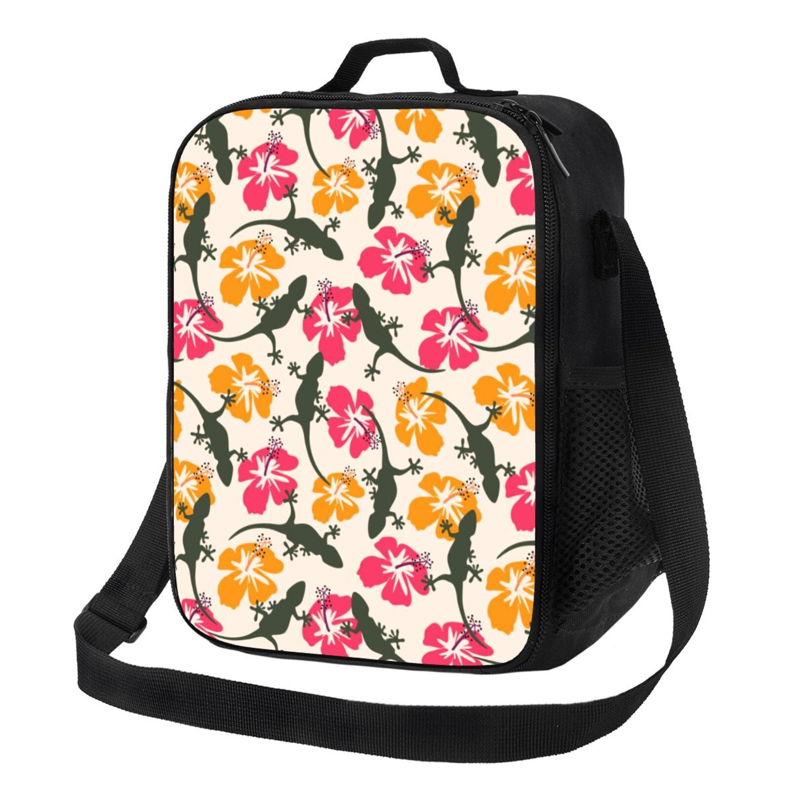 Black Gecko Lizard Flowers Lunch Box for Women Men, Insulated Lunch with Adjustable Shoulder ...