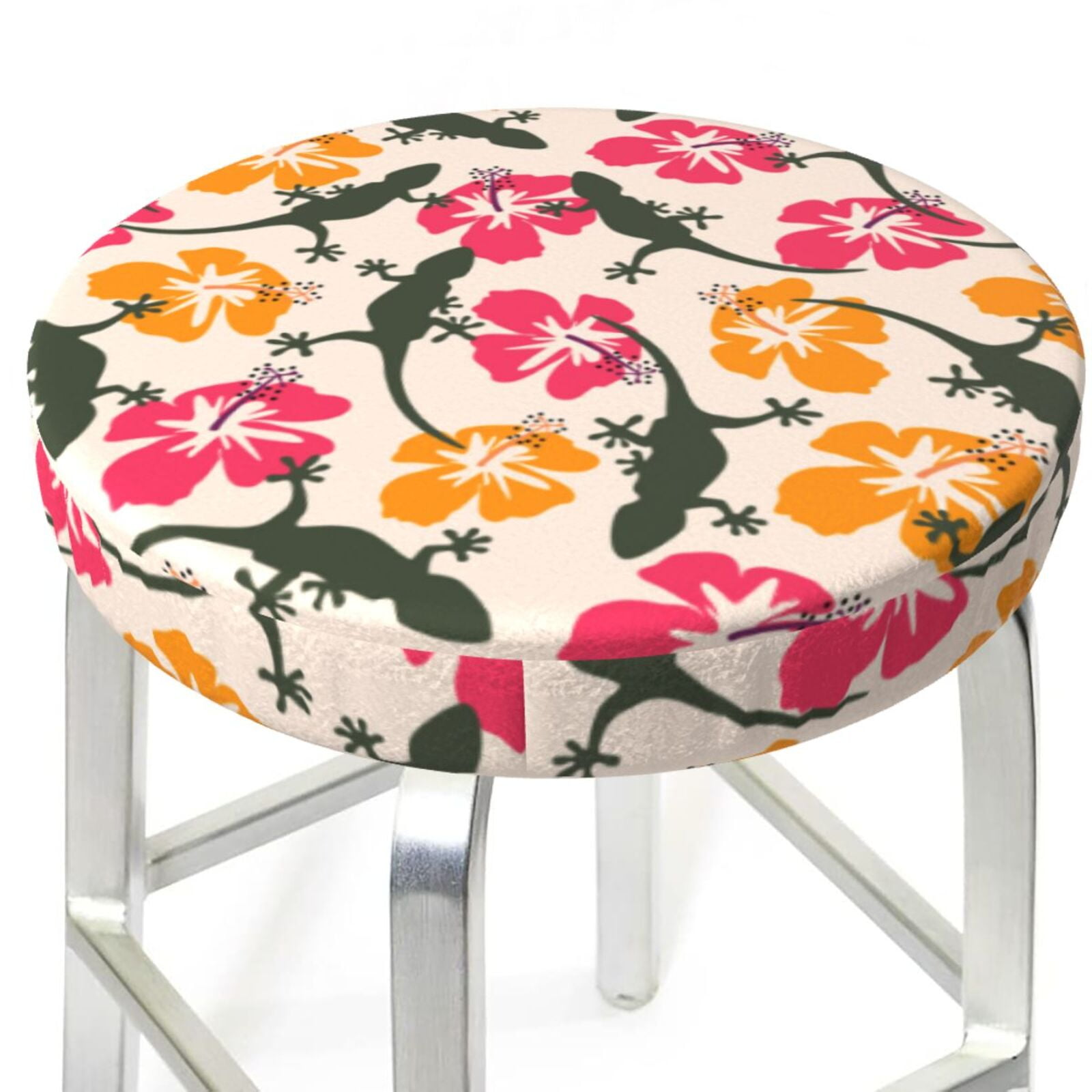 Black Gecko Lizard Flowers Round Bar Stool Seat Covers, Elastic Round ...
