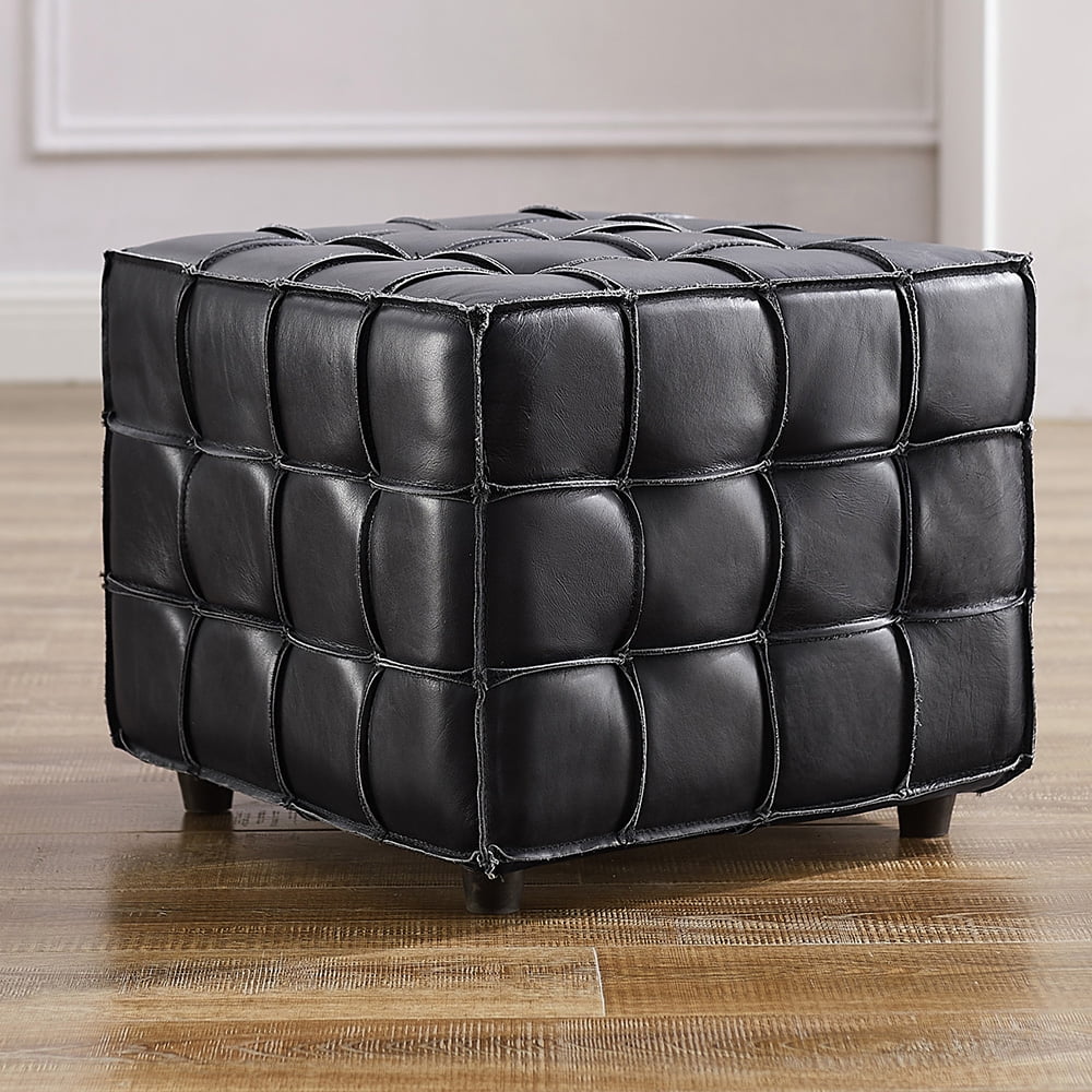 Black Genuine Leather Ottoman, Foot Stool with Grid Sewing Design ...