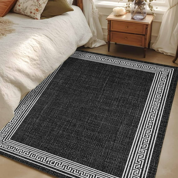 Black Geometric 2.7x5 Area Rugs, White Greek Key Design Burlap Modern ...