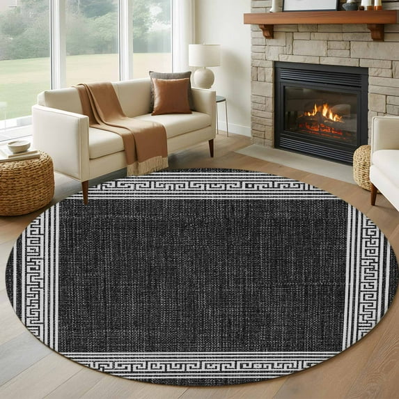 Black Geometric 8ft Round Rug, White Greek Key Design Burlap Modern Art ...