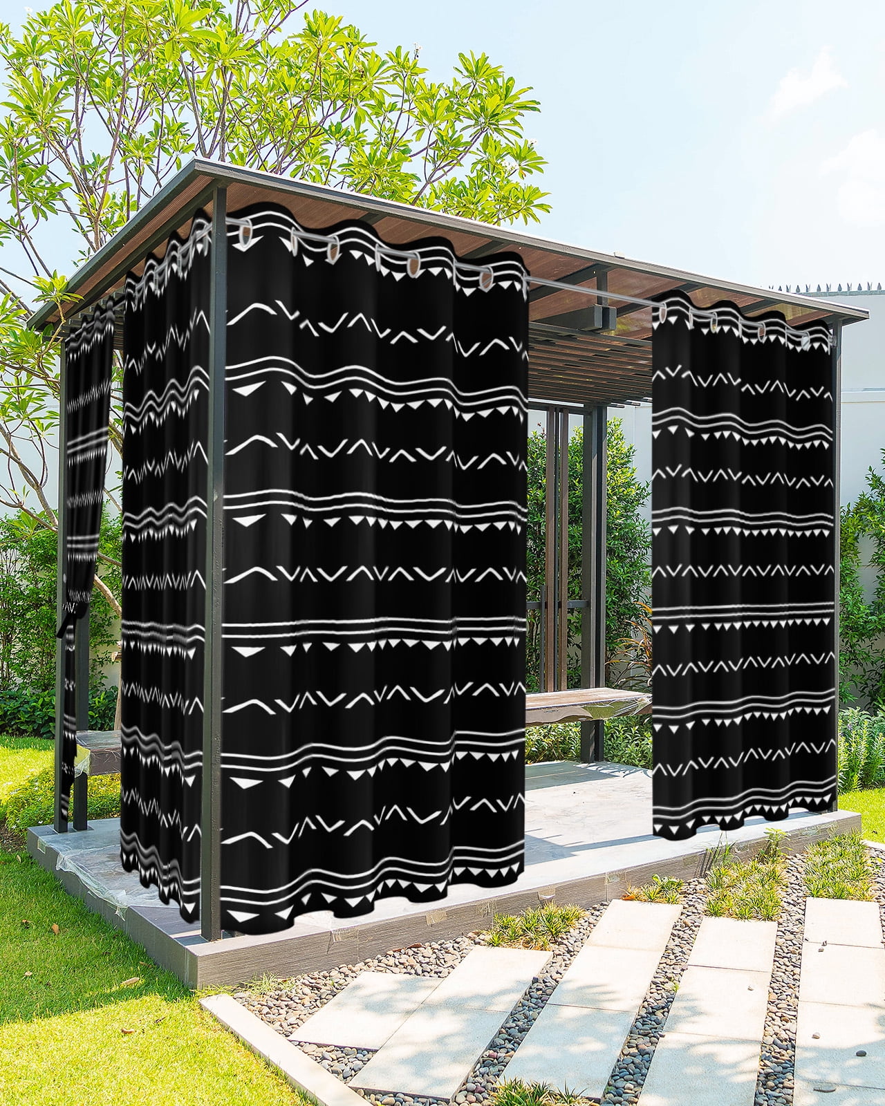 Black Geometric Abstract Art Outdoor Curtains for Patio, White Stripes ...