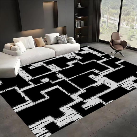 Black Geometric Area Rug, Modern Abstract Pattern Carpet, Washable Non ...