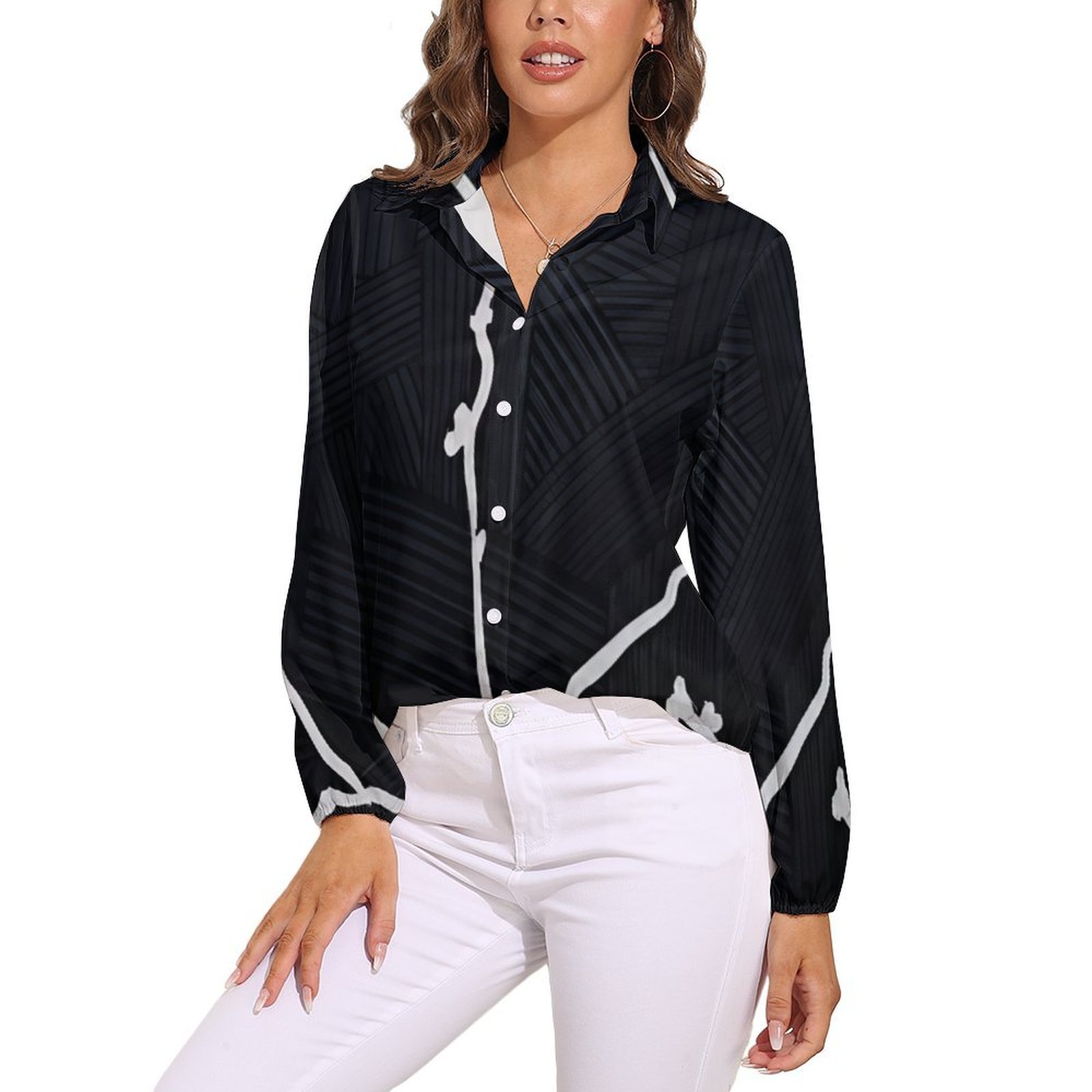 Black Geometric Branches Print Vntage Casual Long Sleeve Shirt Blouse ...