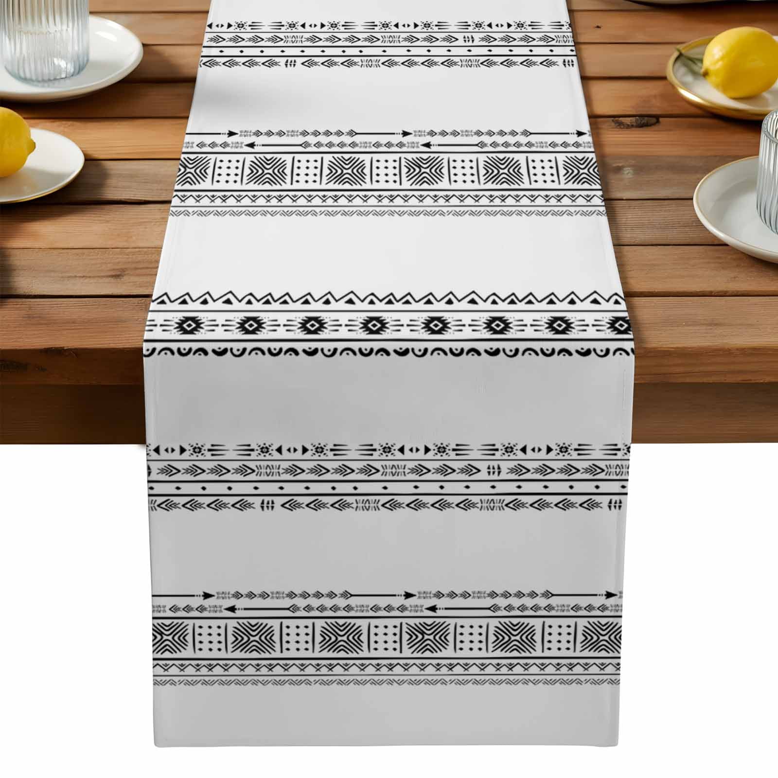Black Geometric Cotton Linen Table Runner for Dining Kitchen, Boho ...