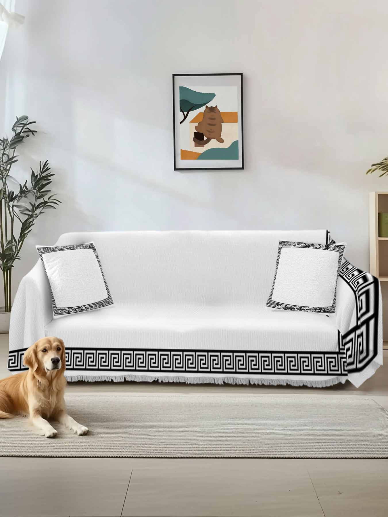 Black Geometric Couch Cover for Dogs, Modern Key Greek Design Abstract ...