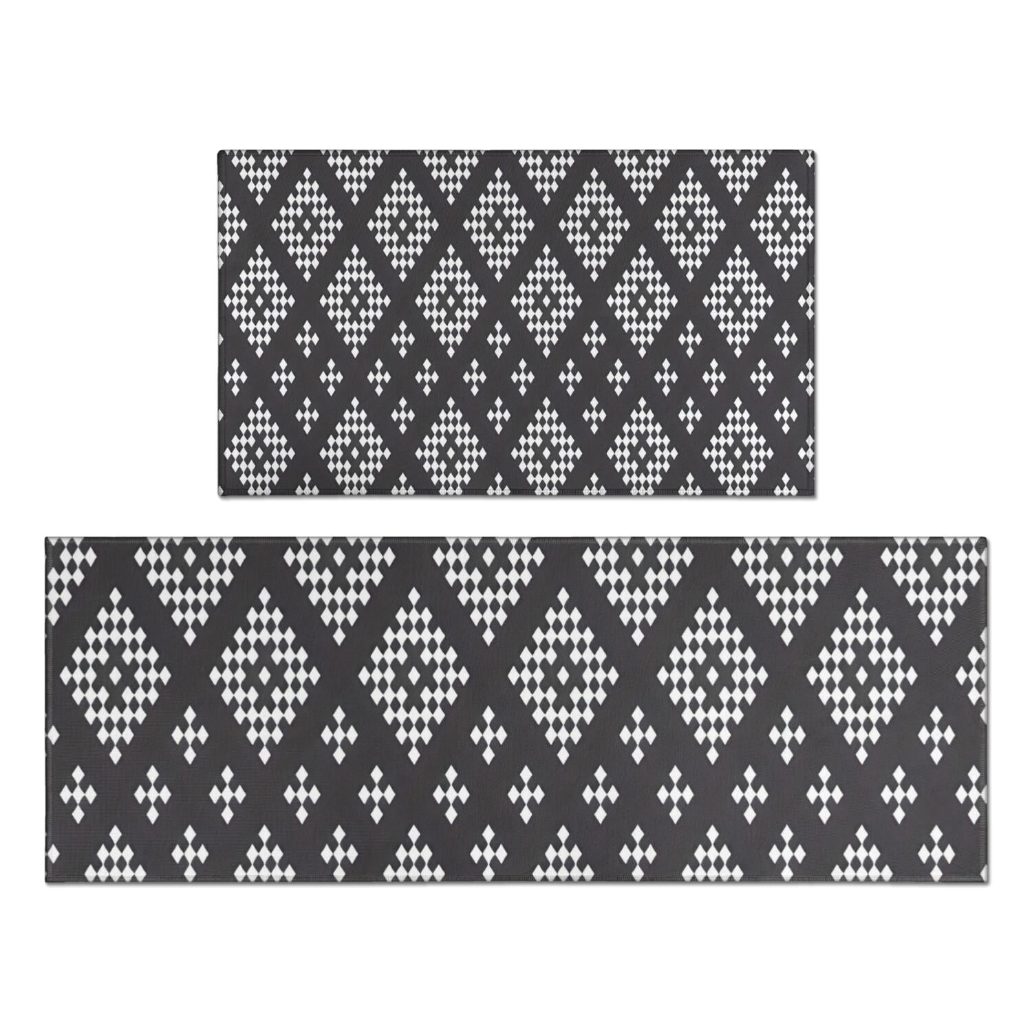 Black Geometric Diamond Dot Pattern Kitchen Rugs Sets Of 2,Anti Fatigue ...