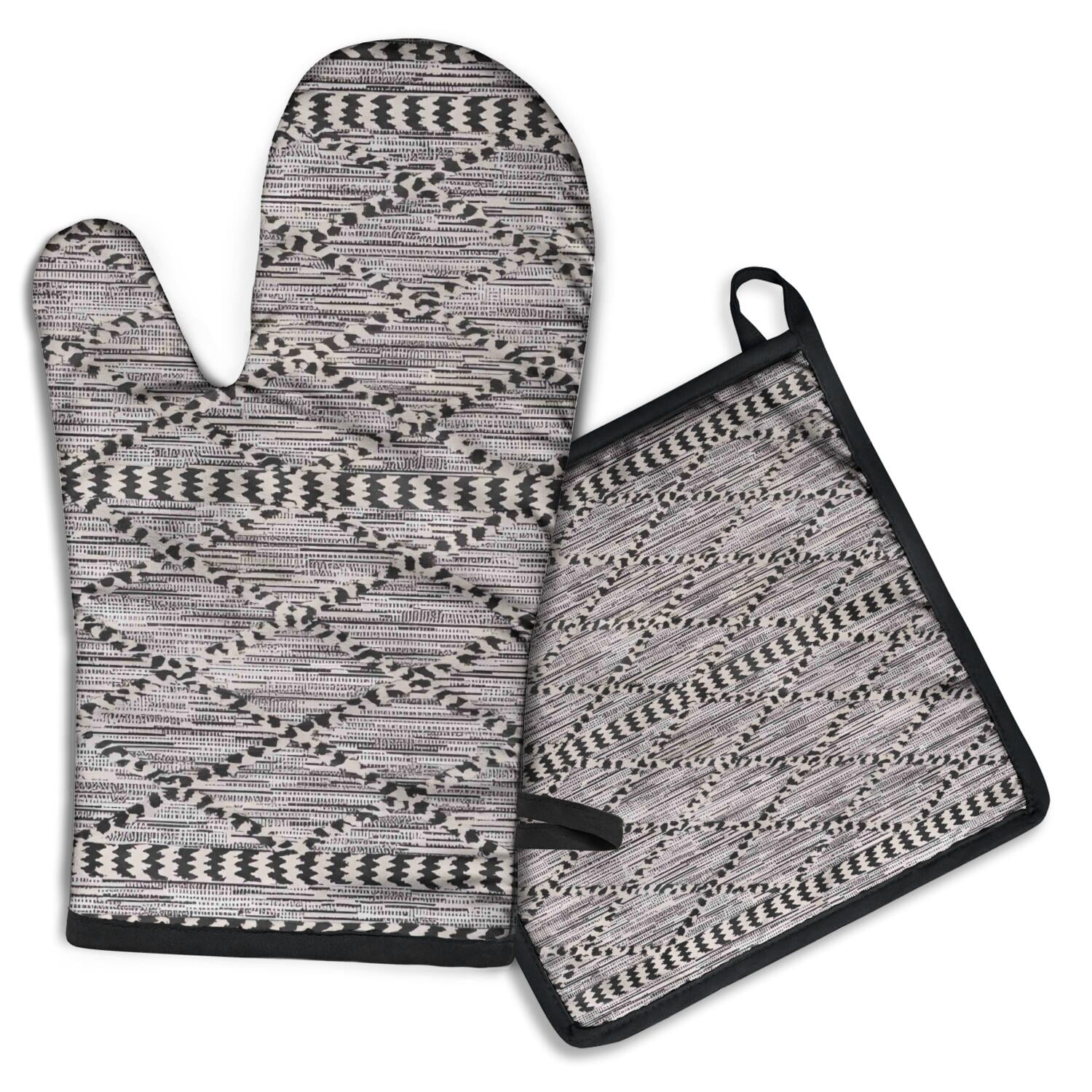 Black Geometric Diamond Striped Pattern Kitchen Oven Mitt and Pot ...