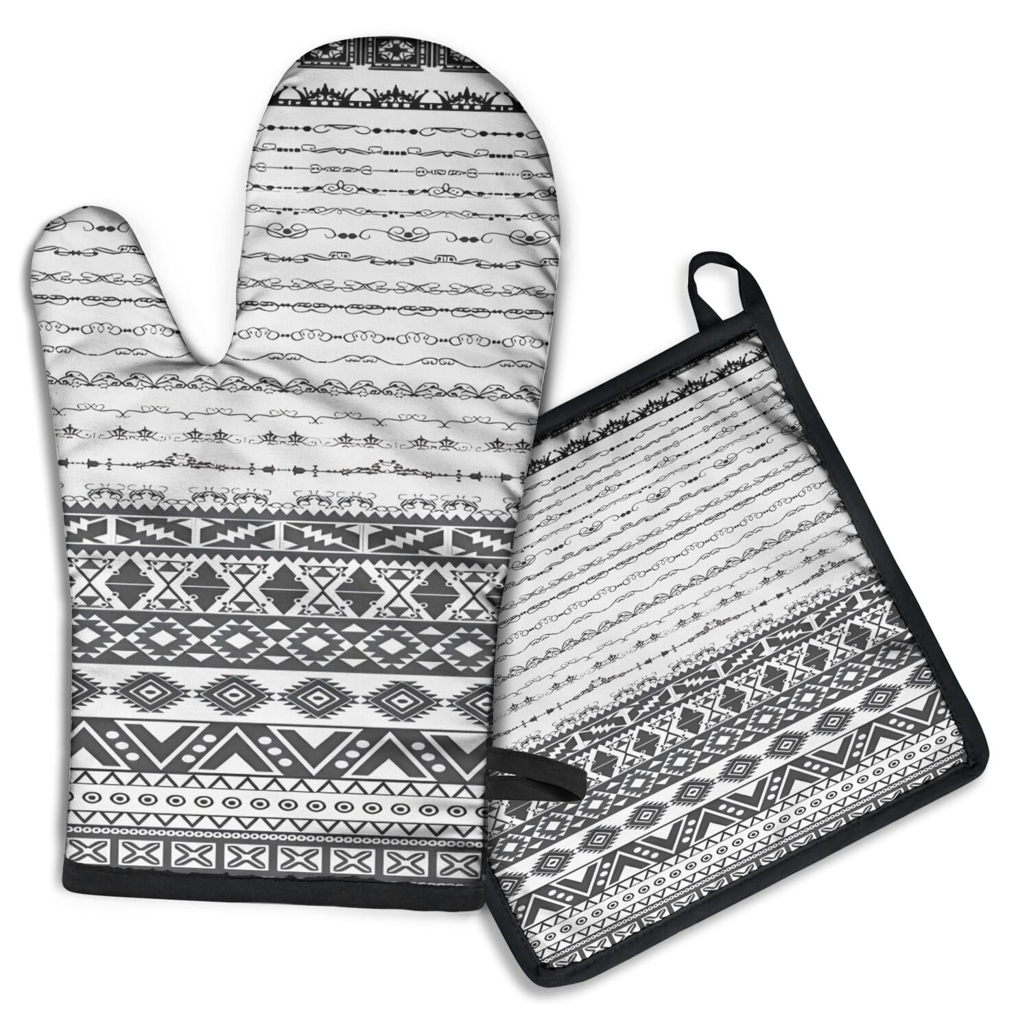 Black Geometric Diamond Striped Pattern Kitchen Oven Mitt and Pot ...