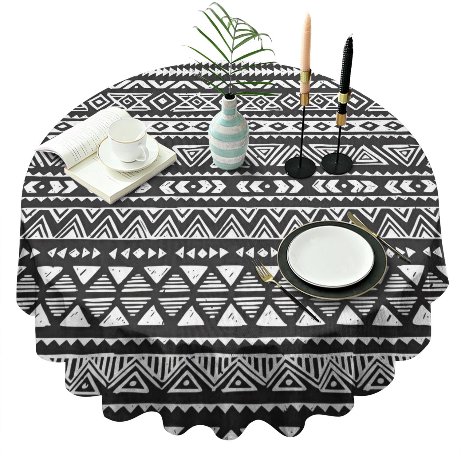 Black Geometric Diamond Triangle Pattern Round Tablecloth 60"x60 ...