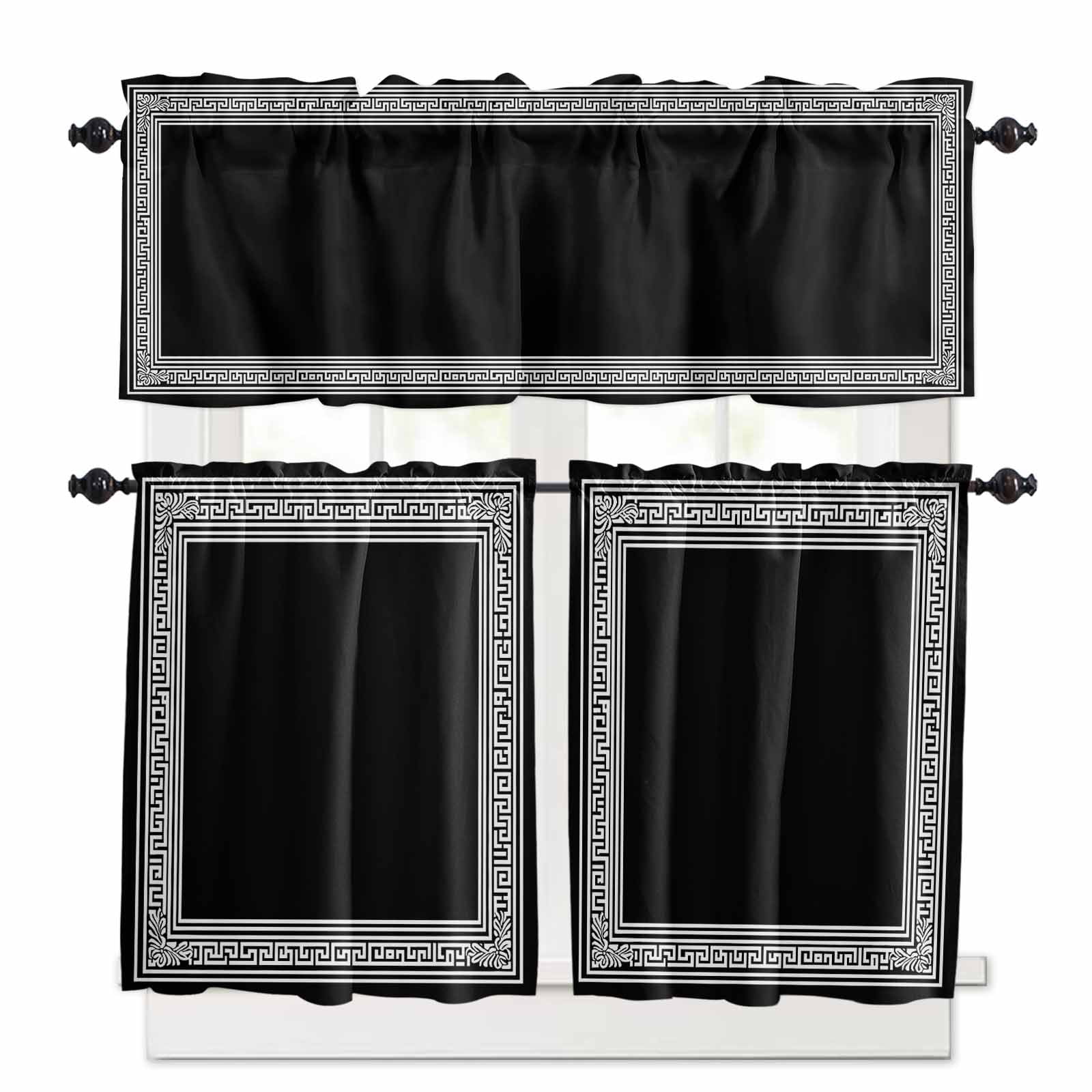 Black Geometric Kitchen Curtains Set for Windows 3 Pieces,36 Inch ...