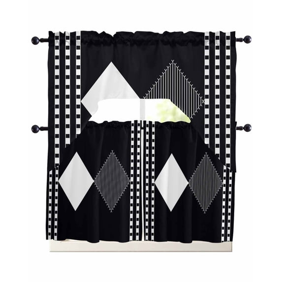 Black Geometric Kitchen Curtains Sets 24 Inch Length with Valance ...