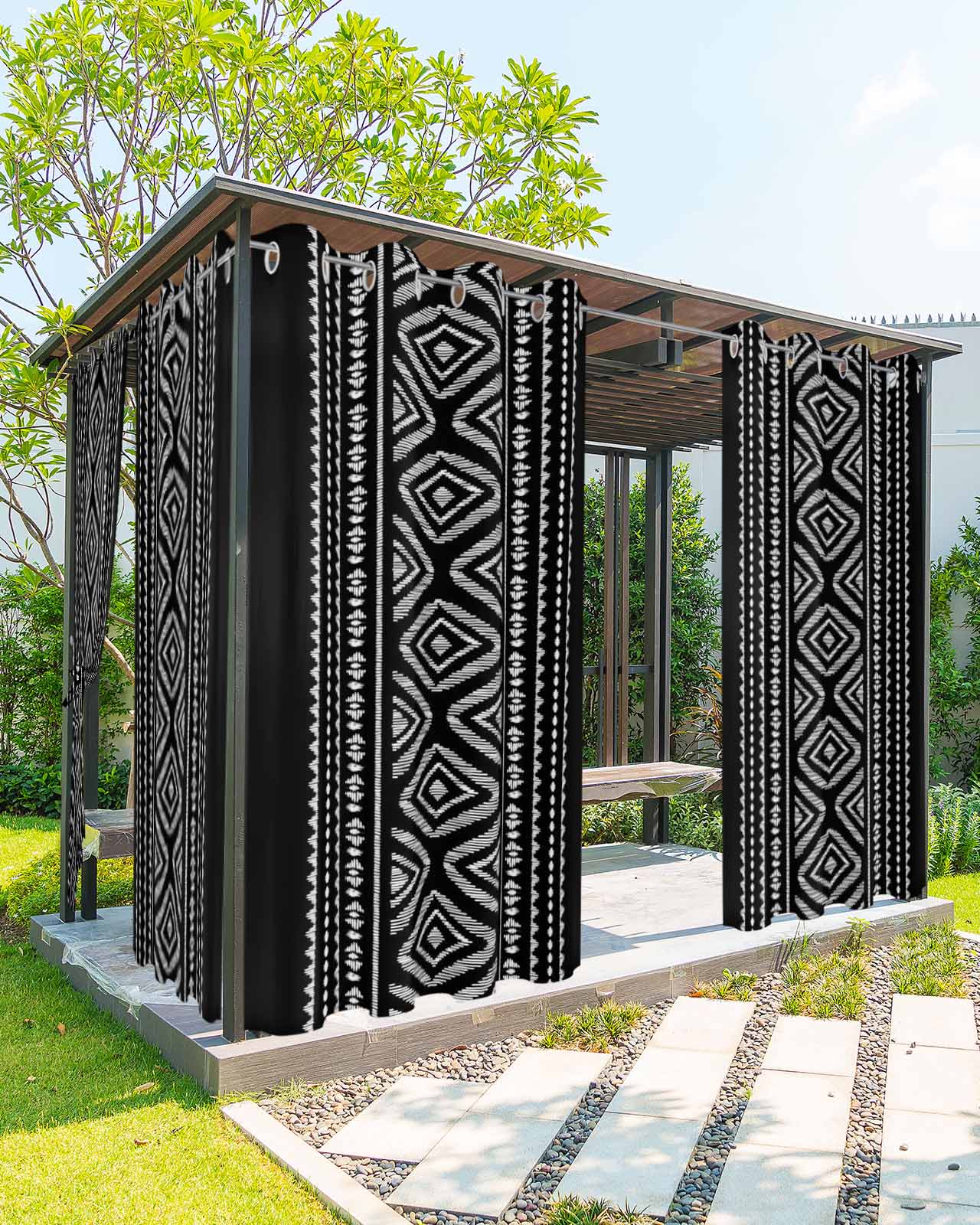 Black Geometric Outdoor Curtains for Patio Waterproof,Boho Stripe Retro ...