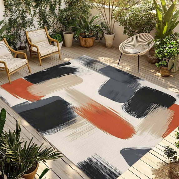 Black Geometric Outdoor Rug 6x9 Ft - Reversible Patio Rug Outdoor ...