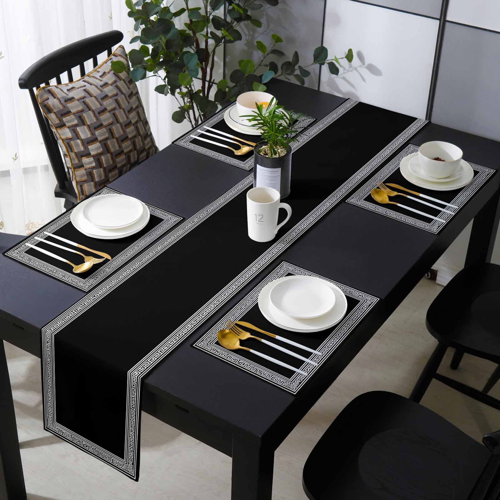 Black Geometric Placemats Set of 4 with 70 Inches Long Table Runners ...