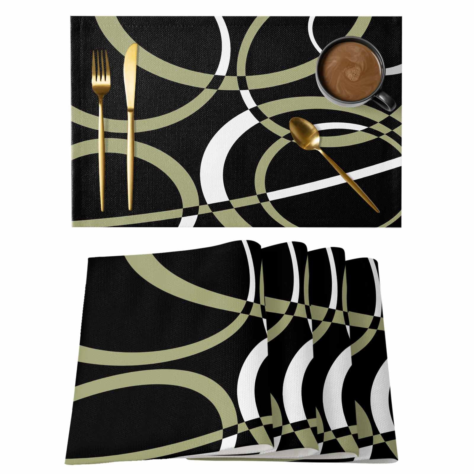 Black Geometric Placemats Set of 8, Modern Sage Green White Striped Art ...