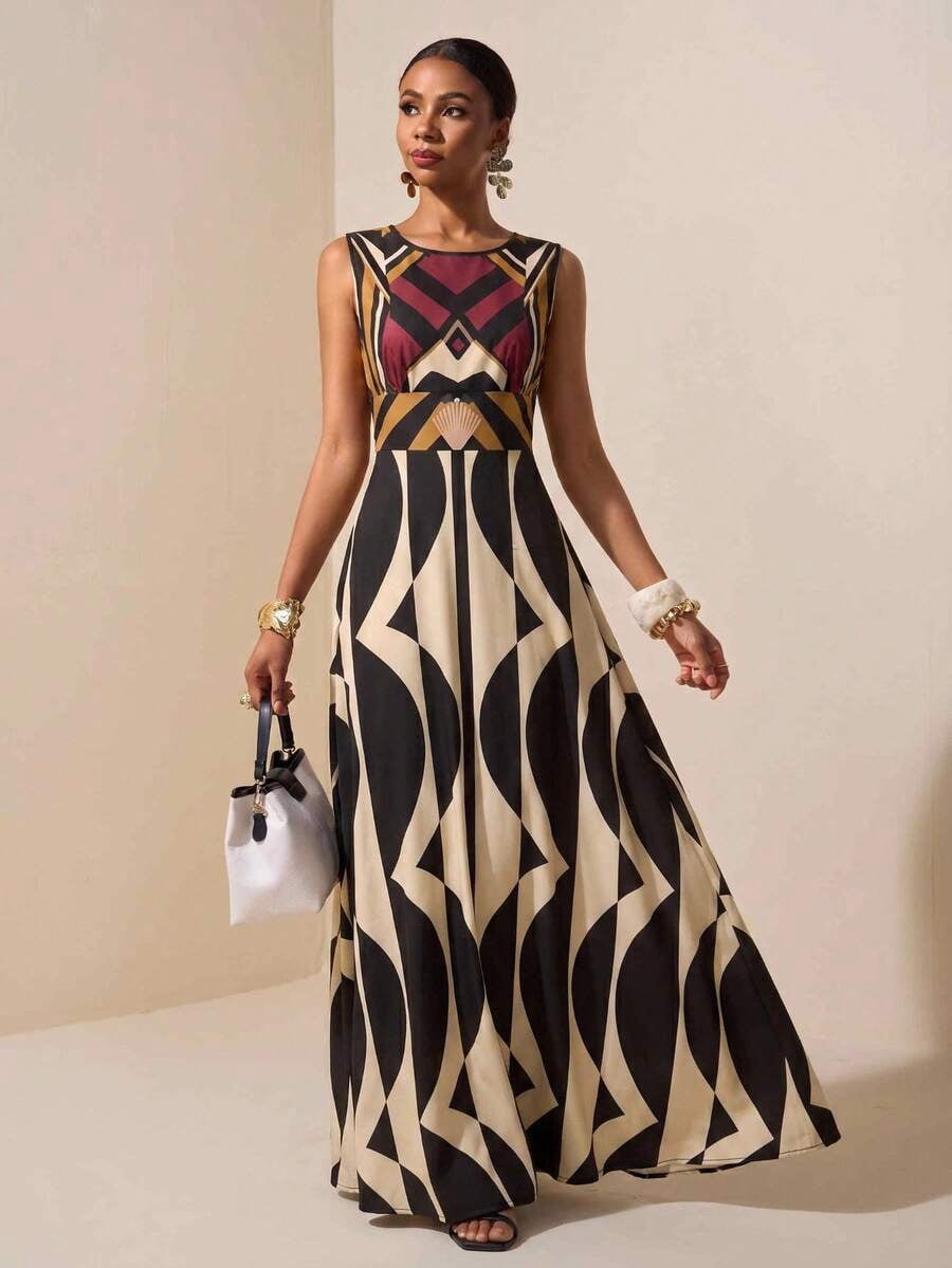 Black Geometric Print Sleeveless Maxi Dress For Summer Festival ...