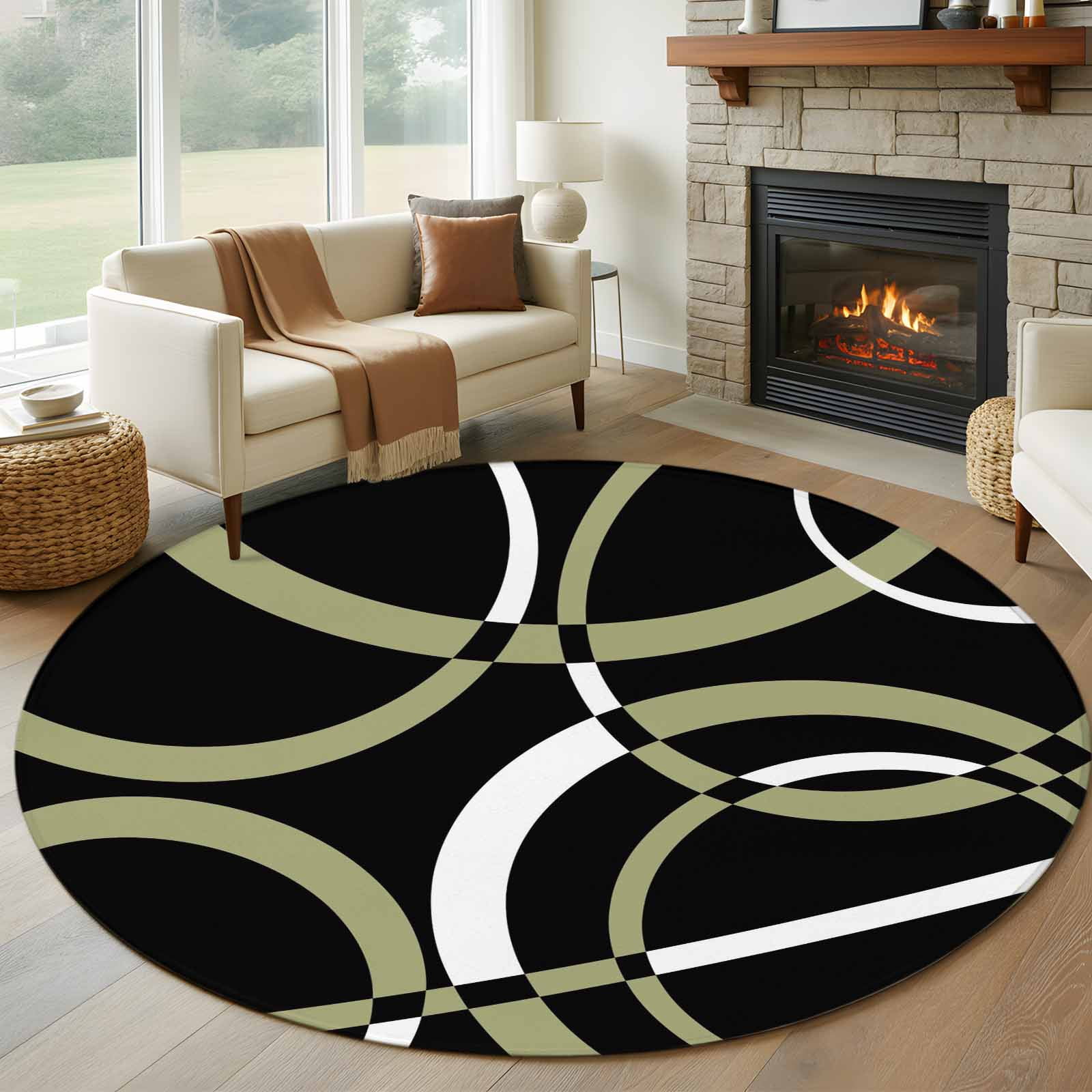 Black Geometric Round Area Rug 6 FT, Non Slip Bedroom Rugs, Modern Sage ...