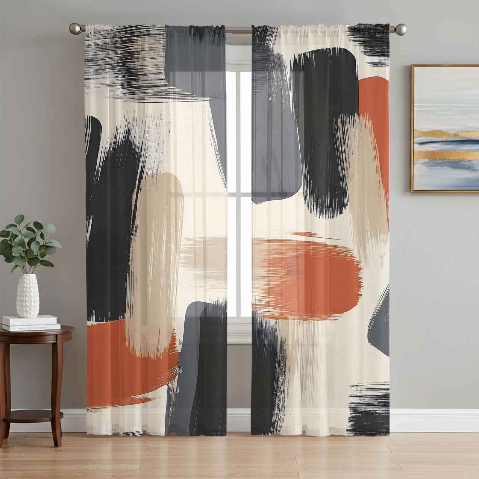 Black Geometric Sheer Curtains 84 Inch Length 2 Panels Set, Grey ...