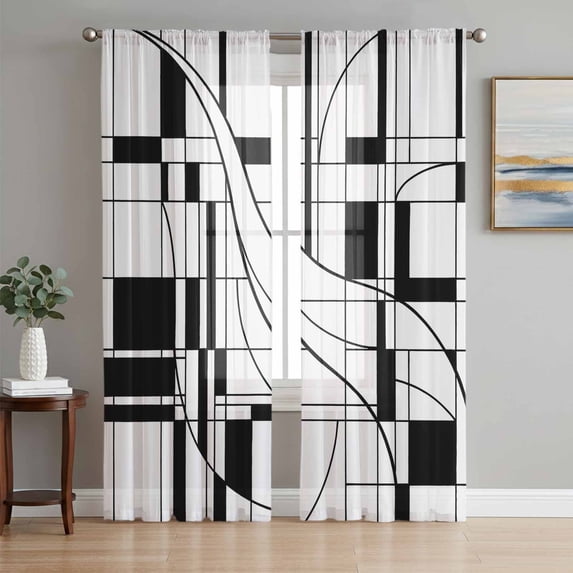 Black Geometric Sheer Curtains for Living Room Bedroom Modern Abstract ...