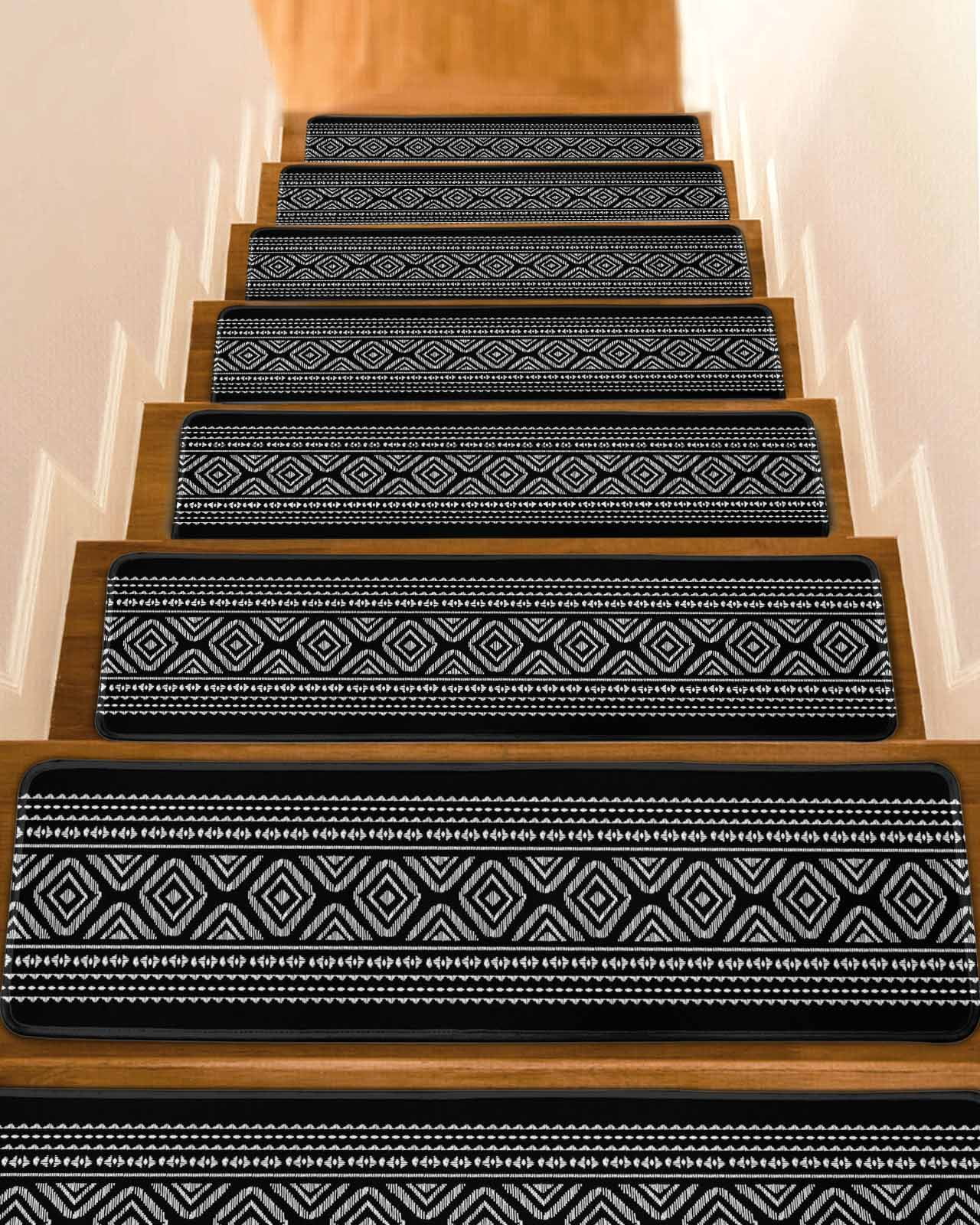 Black Geometric Stair Treads for Wooden Steps Indoor Runner Rug Carpet ...