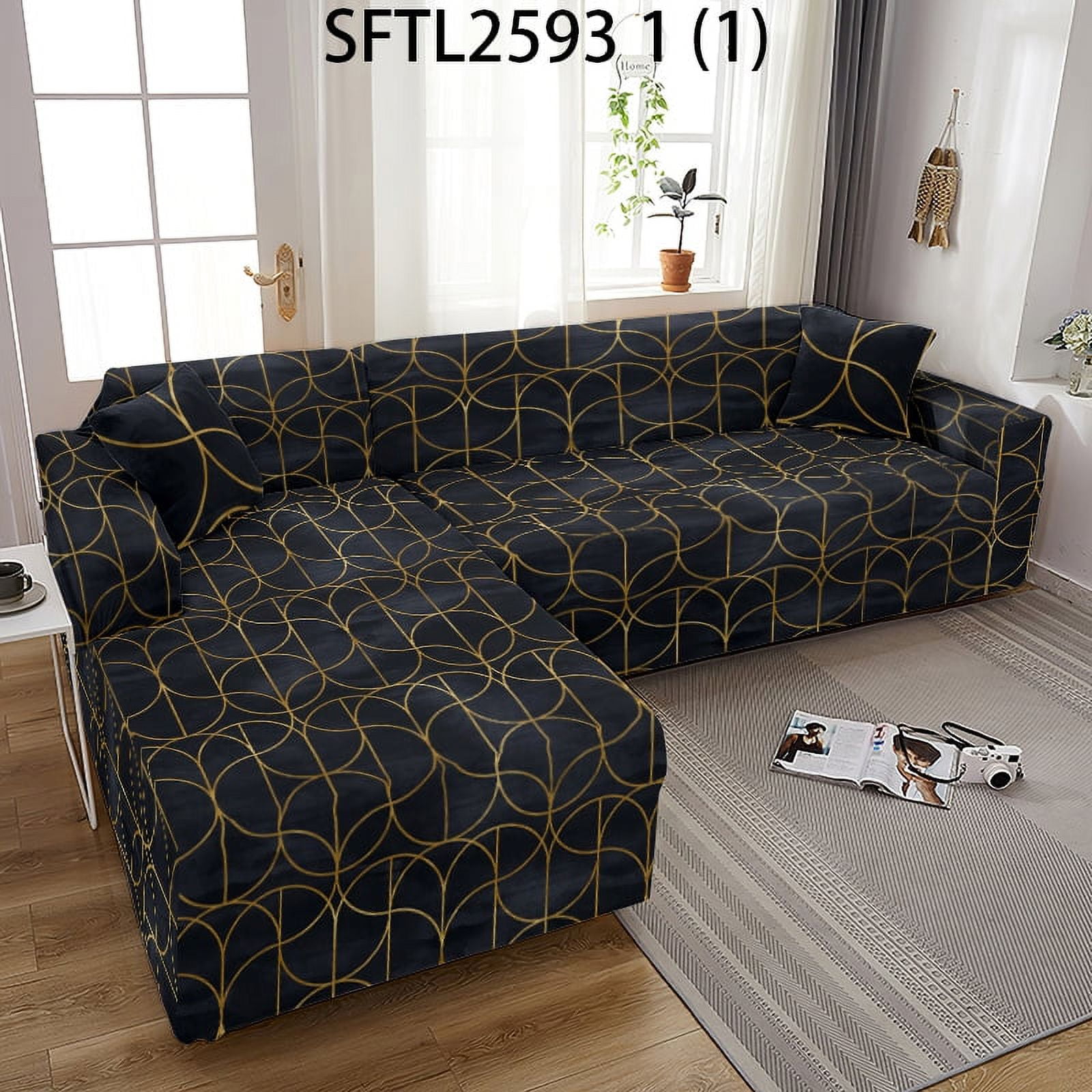 Black Geometric Stretch Sofa Cover Retro Lattice Covers for Sofa Ring ...