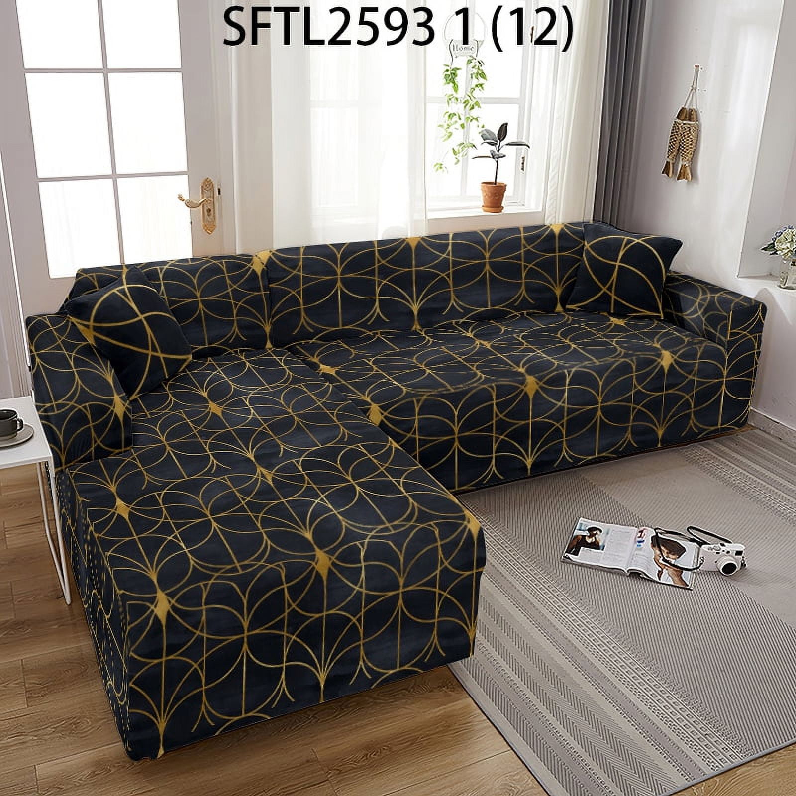 Black Geometric Stretch Sofa Cover Retro Lattice Covers for Sofa Ring ...