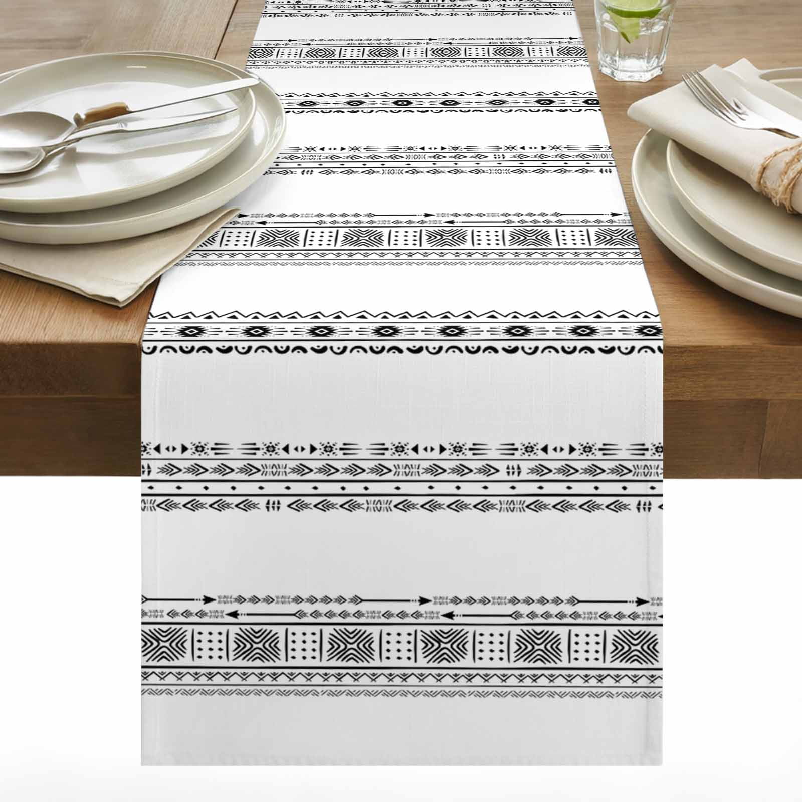 Black Geometric Table Runner 13x60 inch Boho Lines White Modern ...
