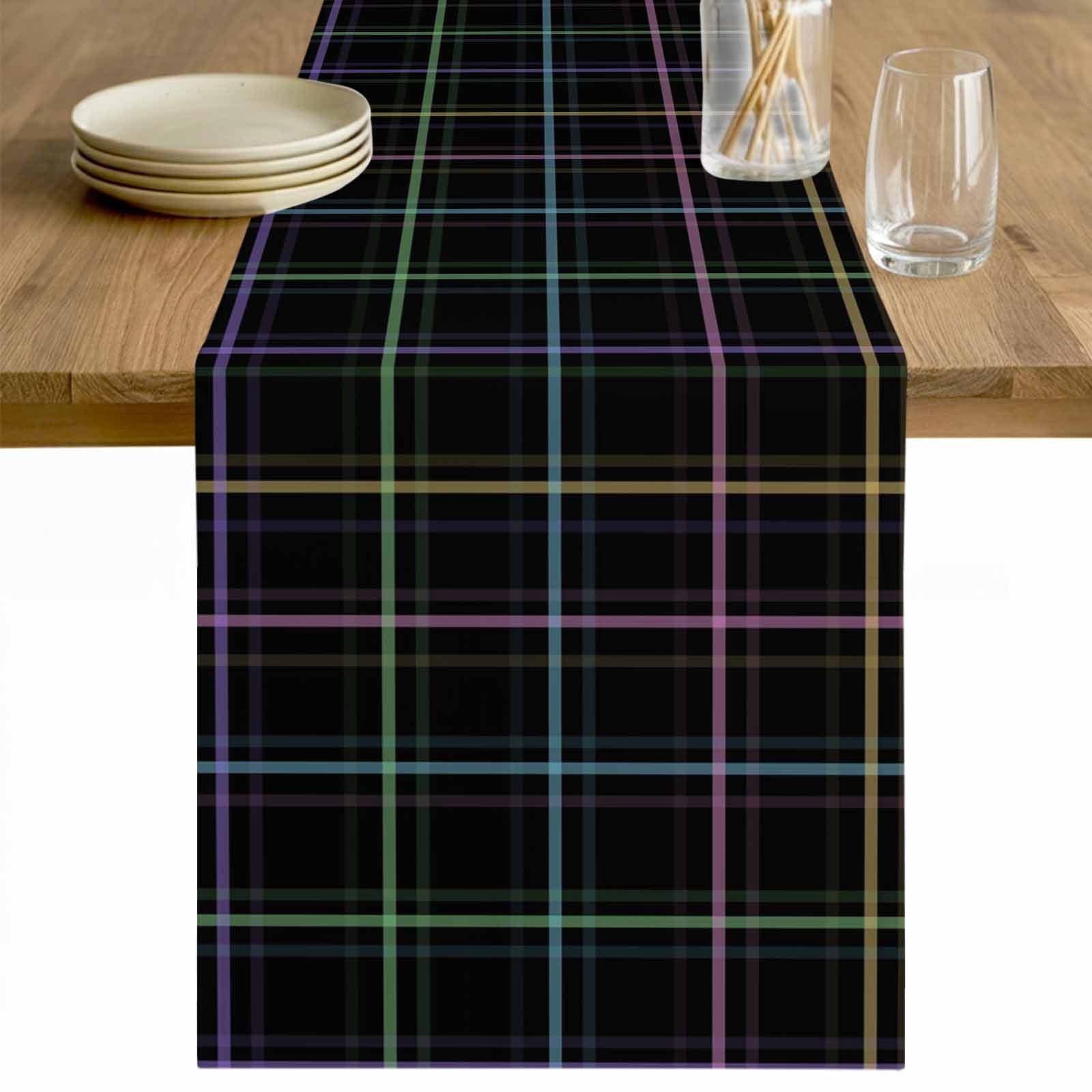 Black Geometric Table Runner - 60 Inch Long Vintage Grid Plaid Colorful ...