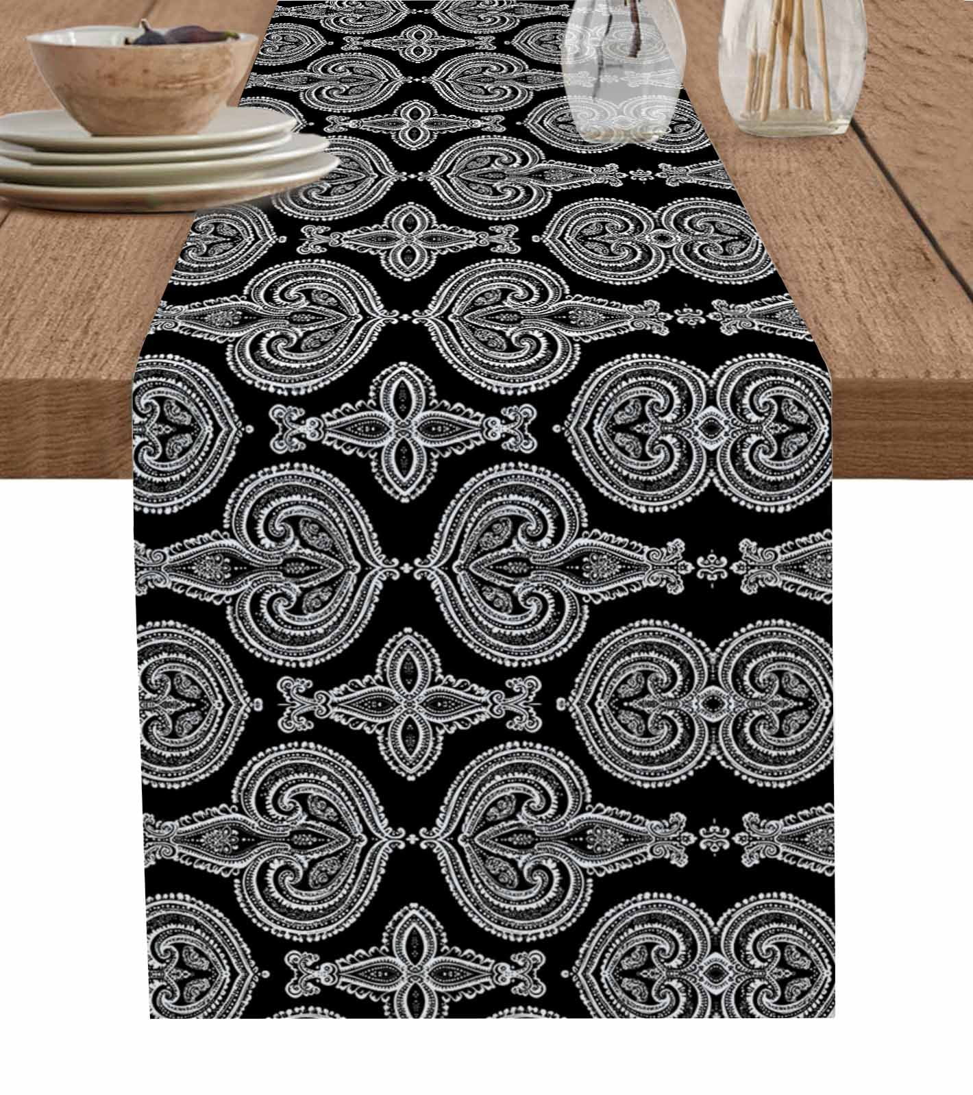 Black Geometric Table Runner 72 Inches, Paisley Modern Abstract Flower ...