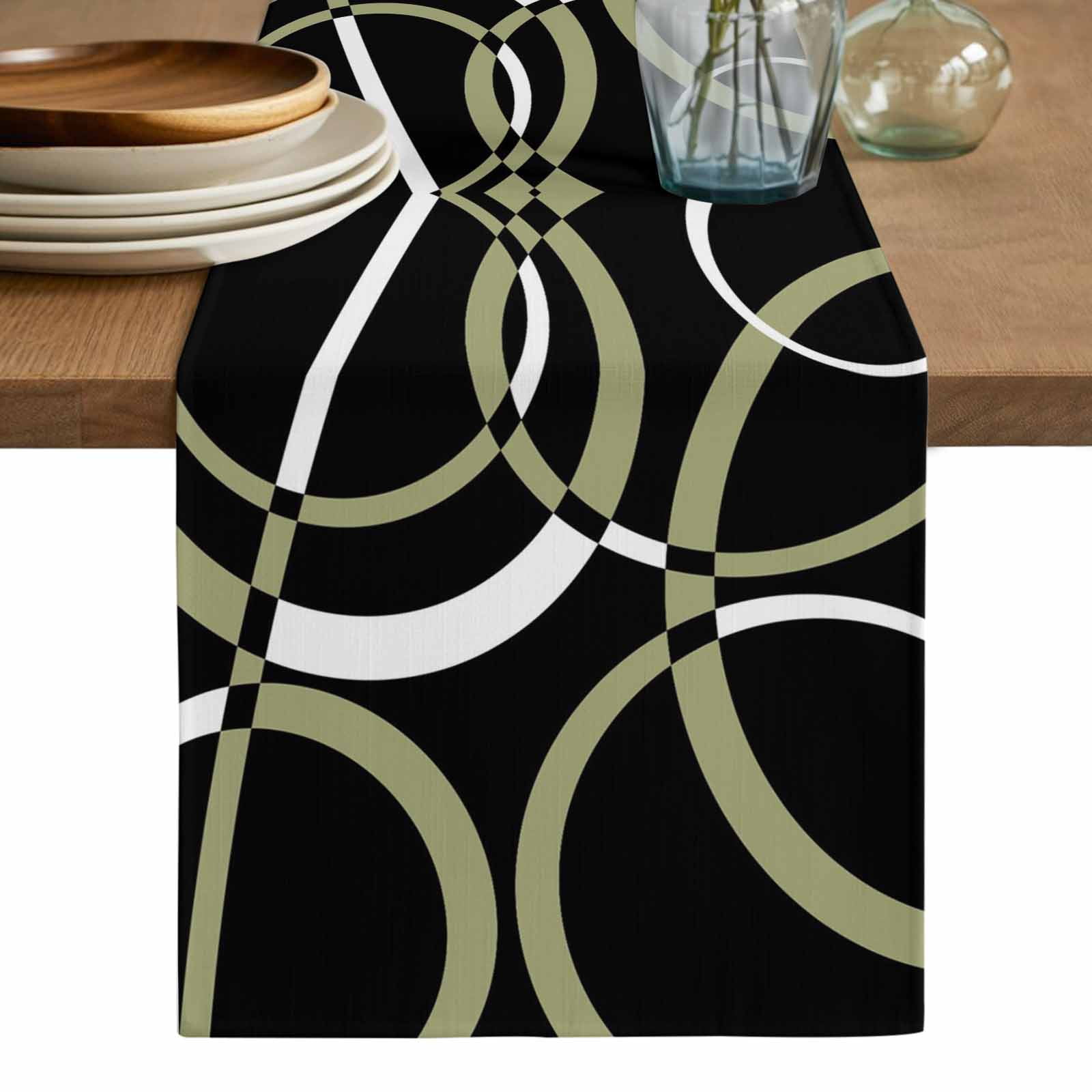 Black Geometric Table Runner, Modern Sage Green White Striped Art ...