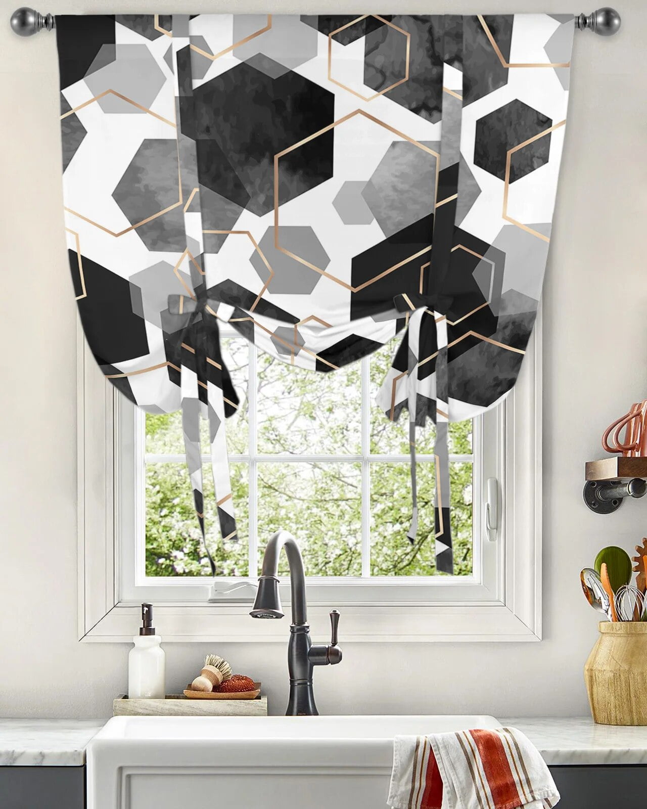 Black Geometric Texture Curtains for Living Room Bedroom Modern Tie Up ...