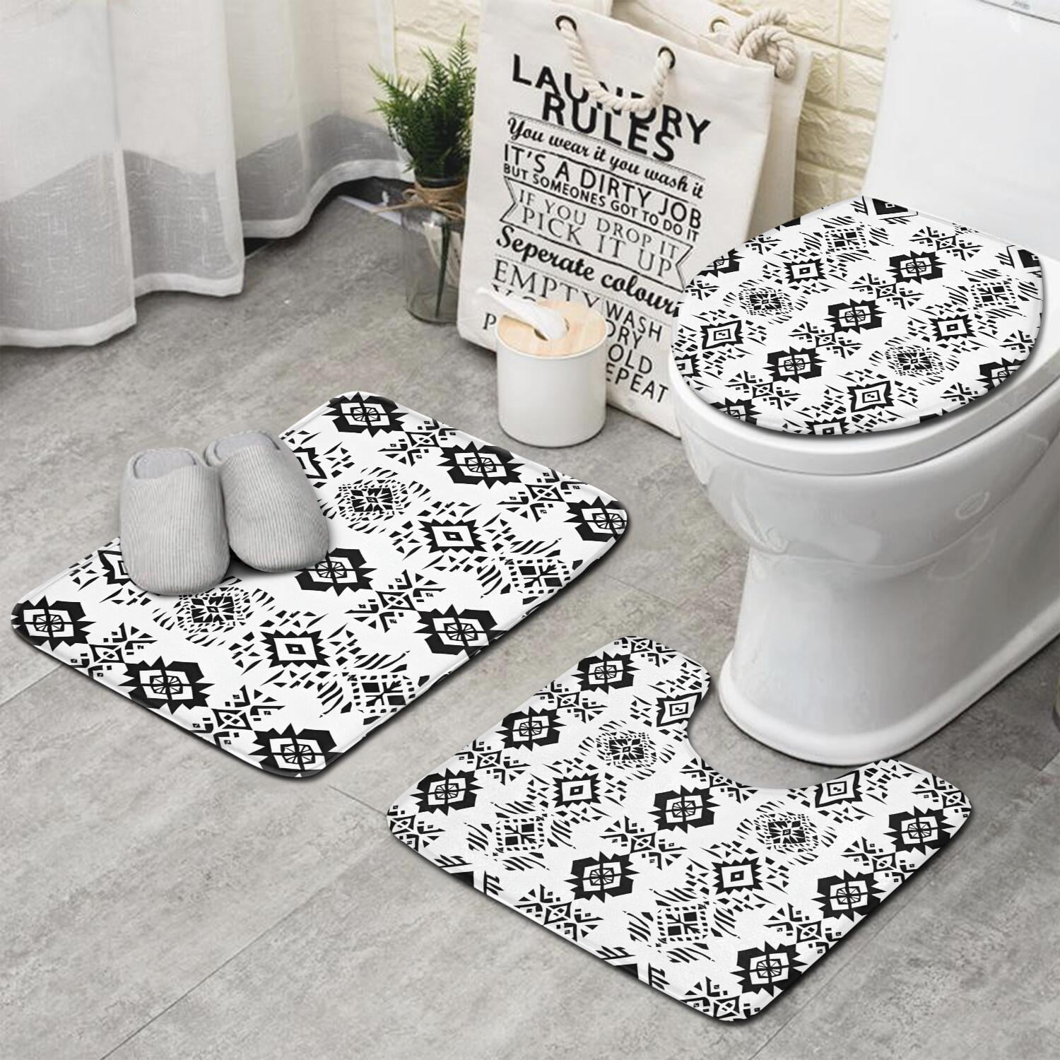 Black Geometric Triangle Diamond Pattern Bathroom Rugs Sets 3 Piece ...