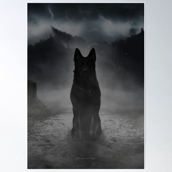 Black German Shepherd In The Fog Poster Wall Art, UNFRAMED PAPER POSTER ...