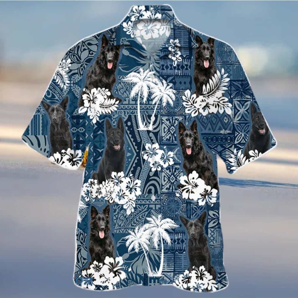 Black German Shepherd In Tropical Plants Pattern Blue And White ...
