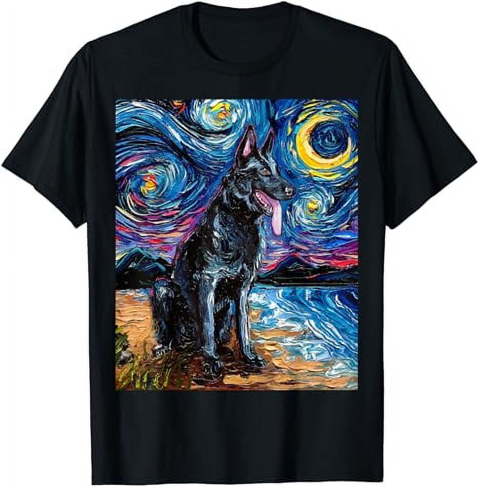 Black German Shepherd Starry Night Dog and Moon art by Aja T-Shirt ...