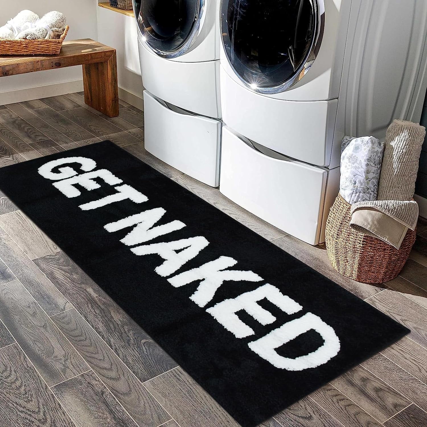 Black Get Naked Bath Mat, Long Runner Mat for Bathroom, Cute Fun Simple ...