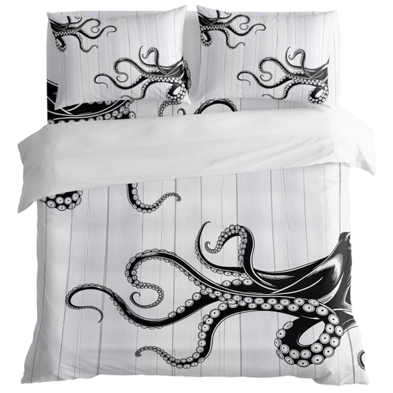 Black Giant Squid King Size Bed Set,Wood Grain Background Bedding for ...