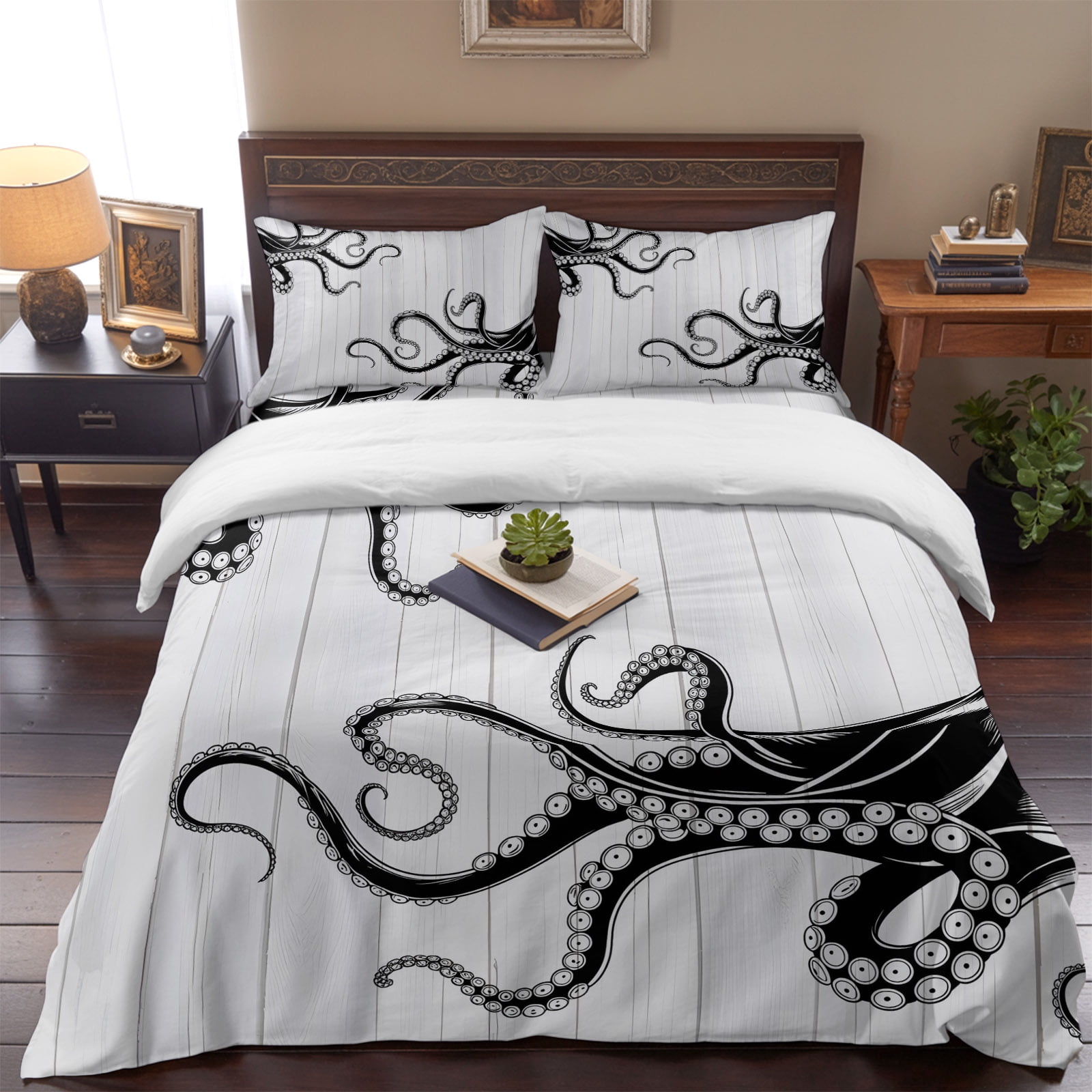 Black Giant Squid Queen Size Bed Set,Wood Grain Background Bedding for ...