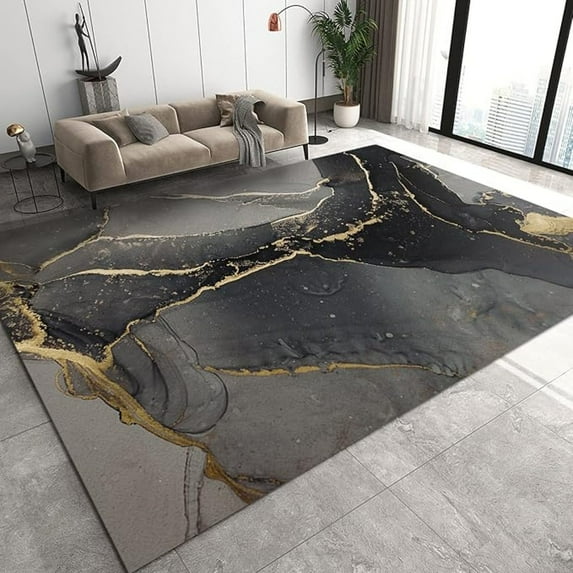 Black Gilded Abstract Marble Area Rugs, Nordic Golden Flecks Bohemian ...